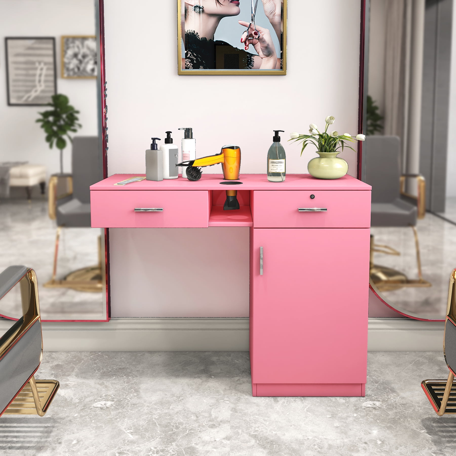 Hair Stylist Workstation - Pink With Storage Cabinet And Drawers Wall ...