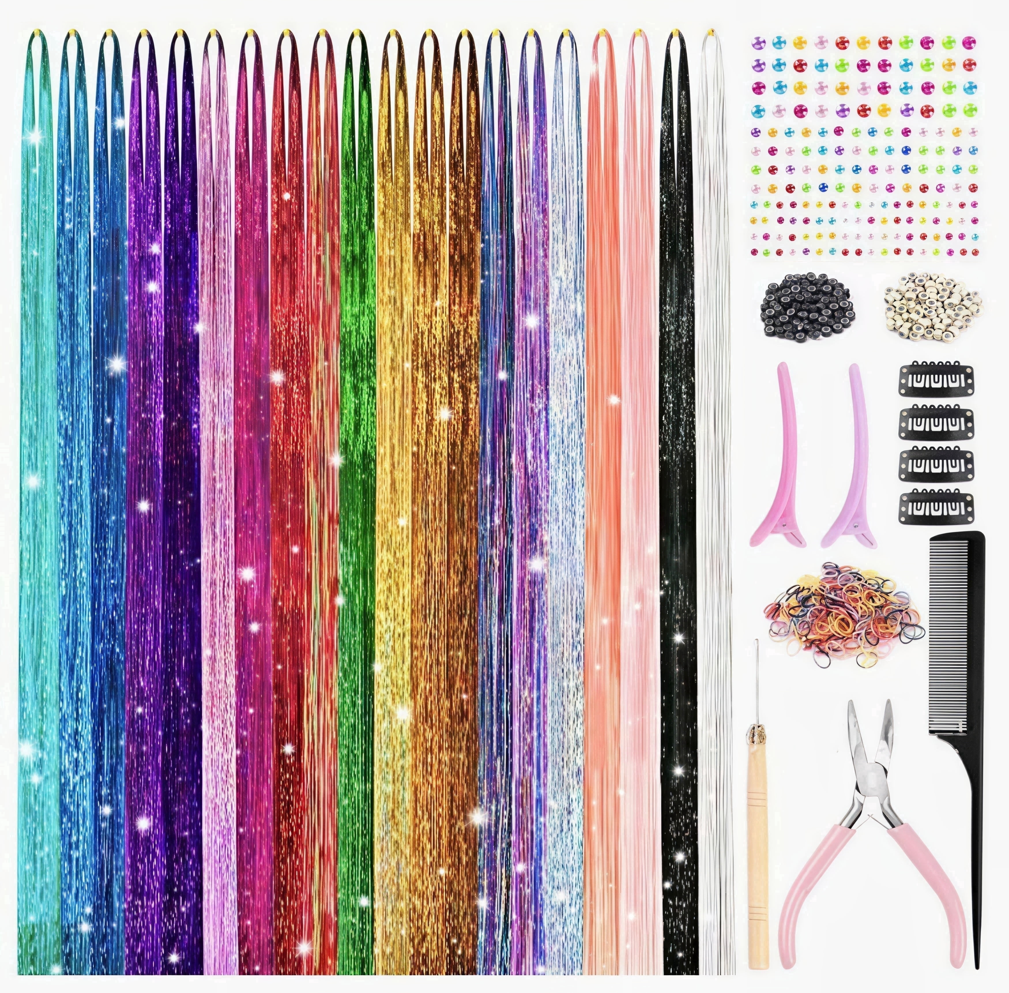 DIFELOP Hair Tinsel Kit, 20 Colors 48in with Tools Fairy Tinsel Hair ...