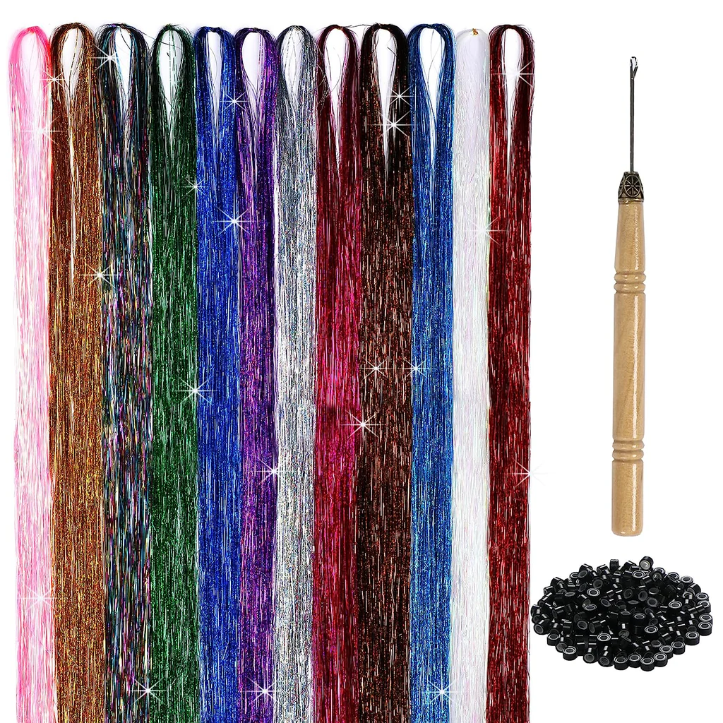 Herbiar 12 Colors Hair Tinsel Kit, 47inch 2400 Strands, Glittery Silver ...