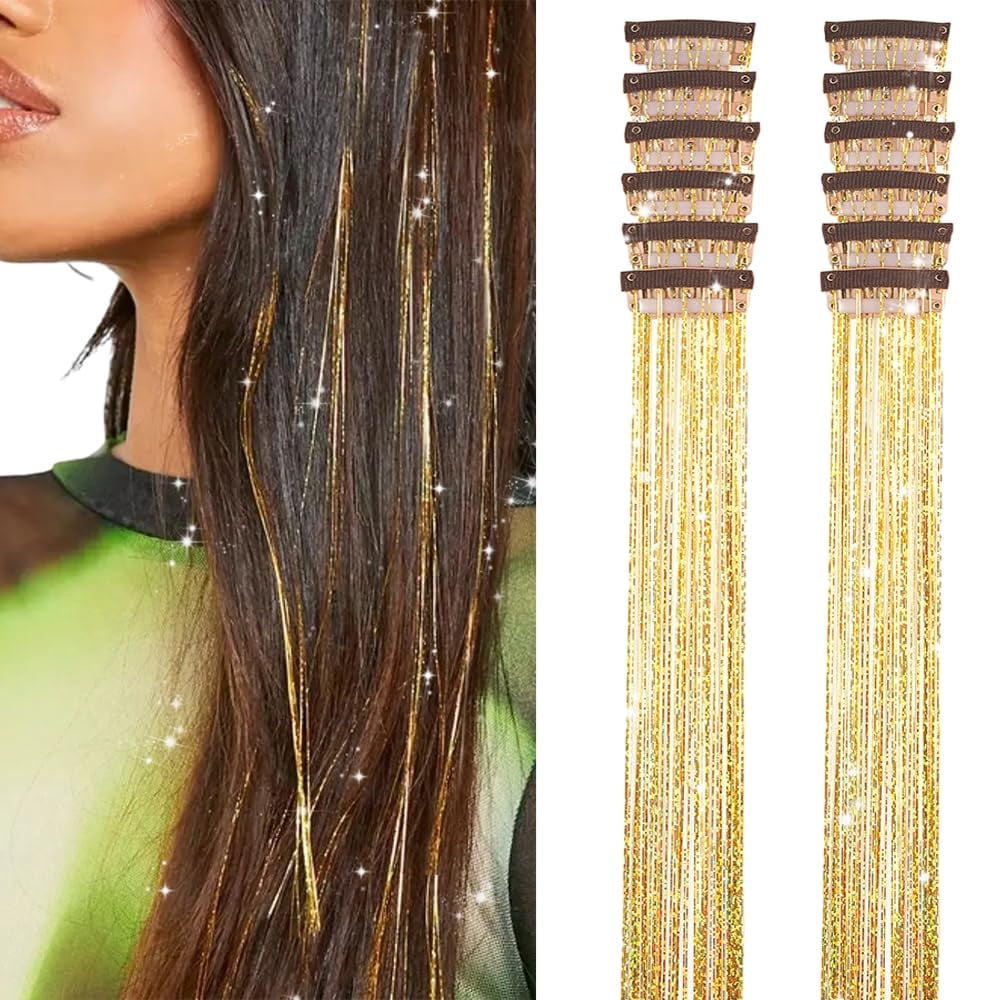 Hair Tinsel Pack of 12 Pcs Clip in Hair Tinsel 20 Inch Golden Glitter ...