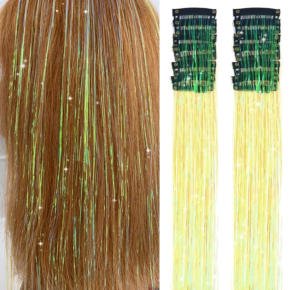 Hair Tinsel Pack of 12 Pcs Clip in Hair Tinsel 20 Inch Yellow Glitter ...
