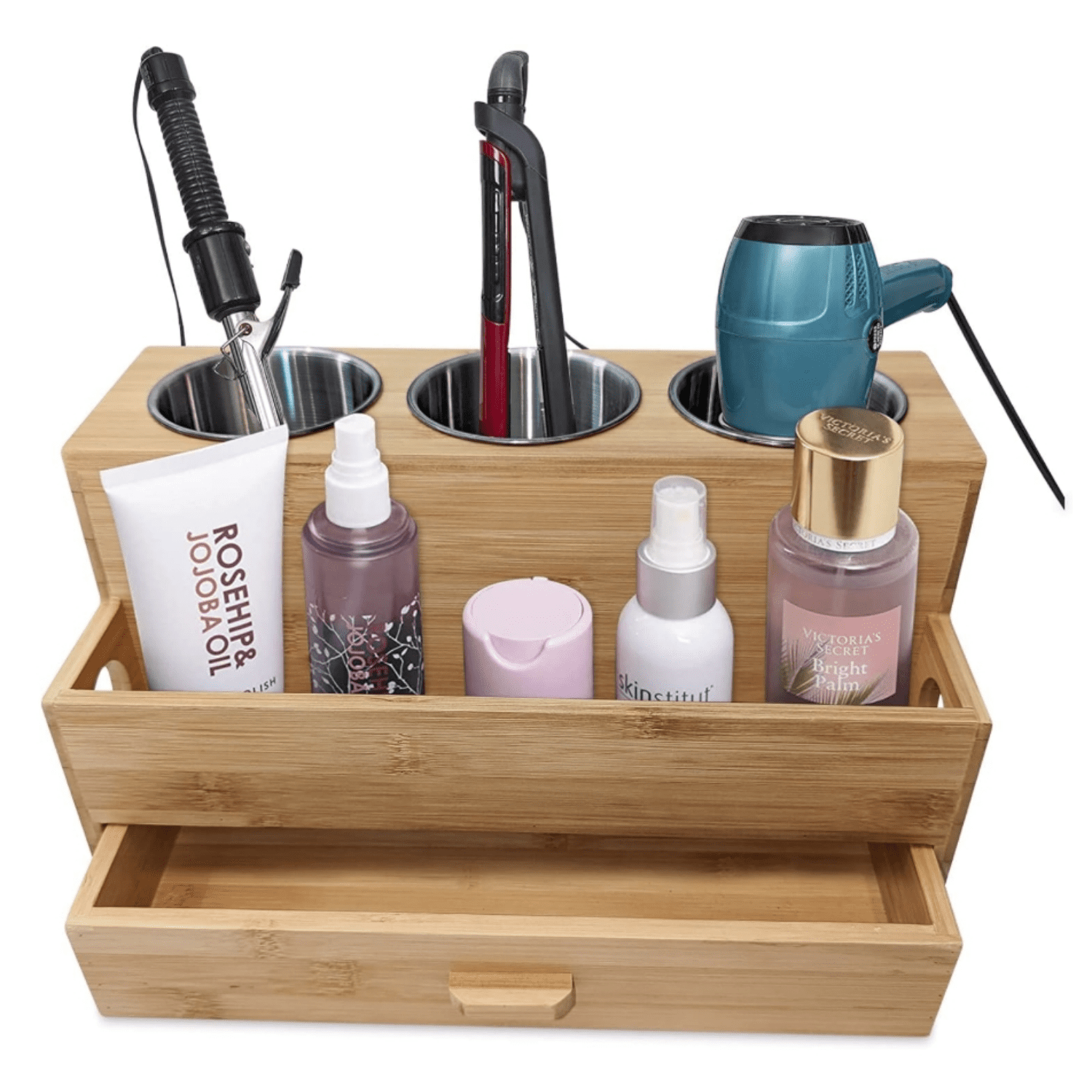 Hair Tool Organizer, Bamboo, Styling Holder, Bathroom Countertop Blow ...