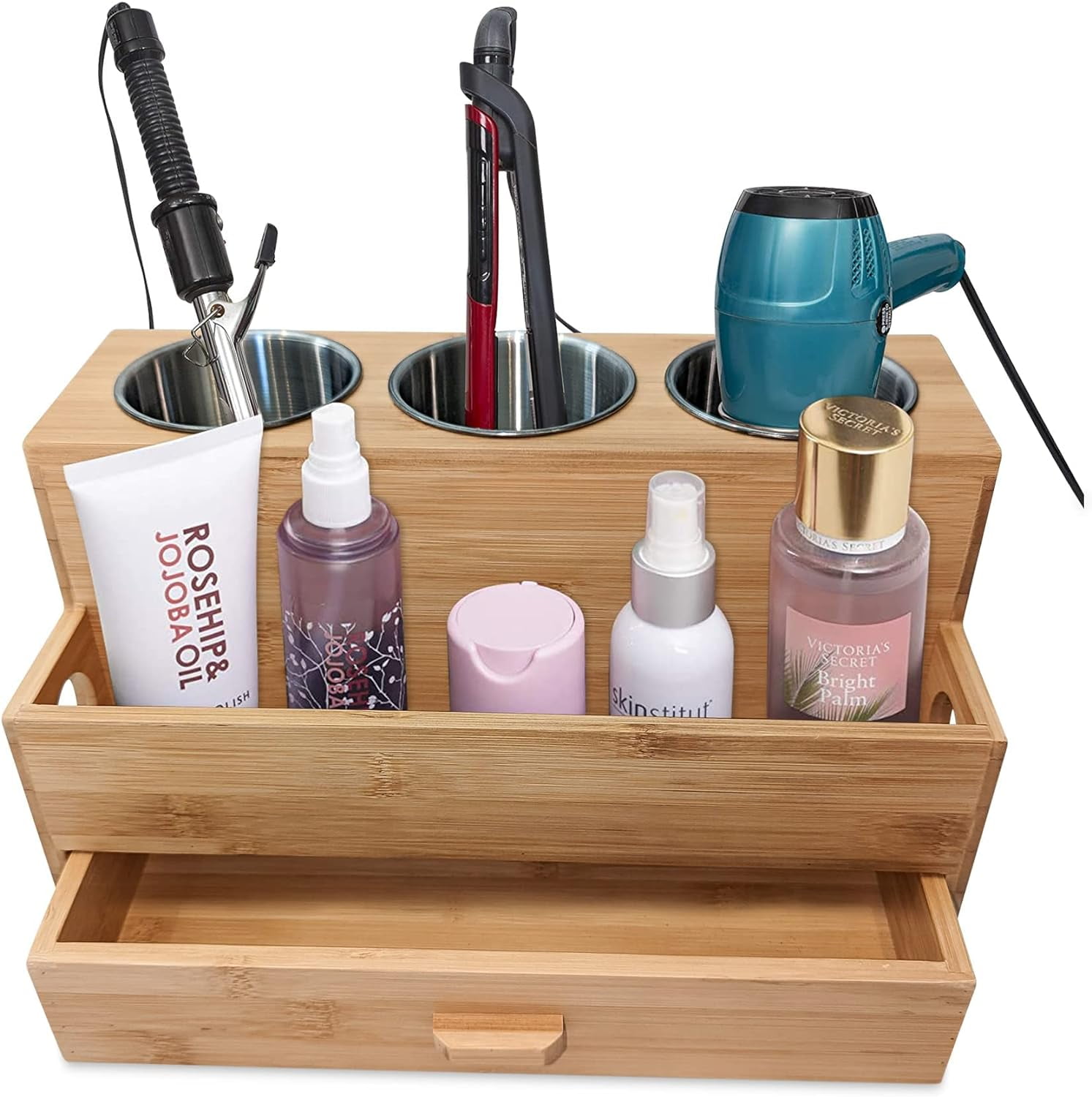Hair Tool Organizer, Bamboo, Styling Holder, Bathroom Countertop Blow ...
