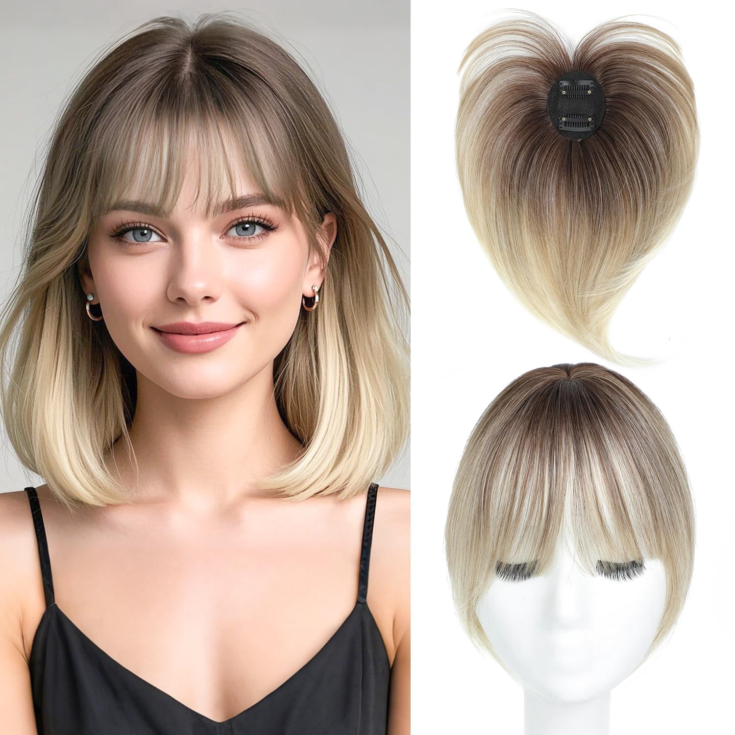 Hair Topper with Bangs Clip, 360° 3D Cover Hair Toppers for Women with ...