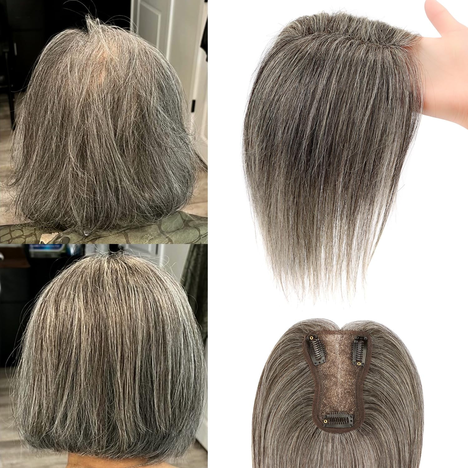 Hair Toppers for Women Gray Hair Toppers for Women 100% Remy Human Hair Grey Hair Toppers for ...