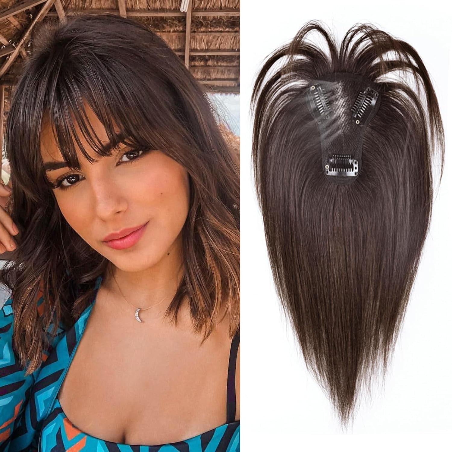 Hair Toppers for Women Real Human Hair, Bangs Hair Clip 360° 3D Cover ...