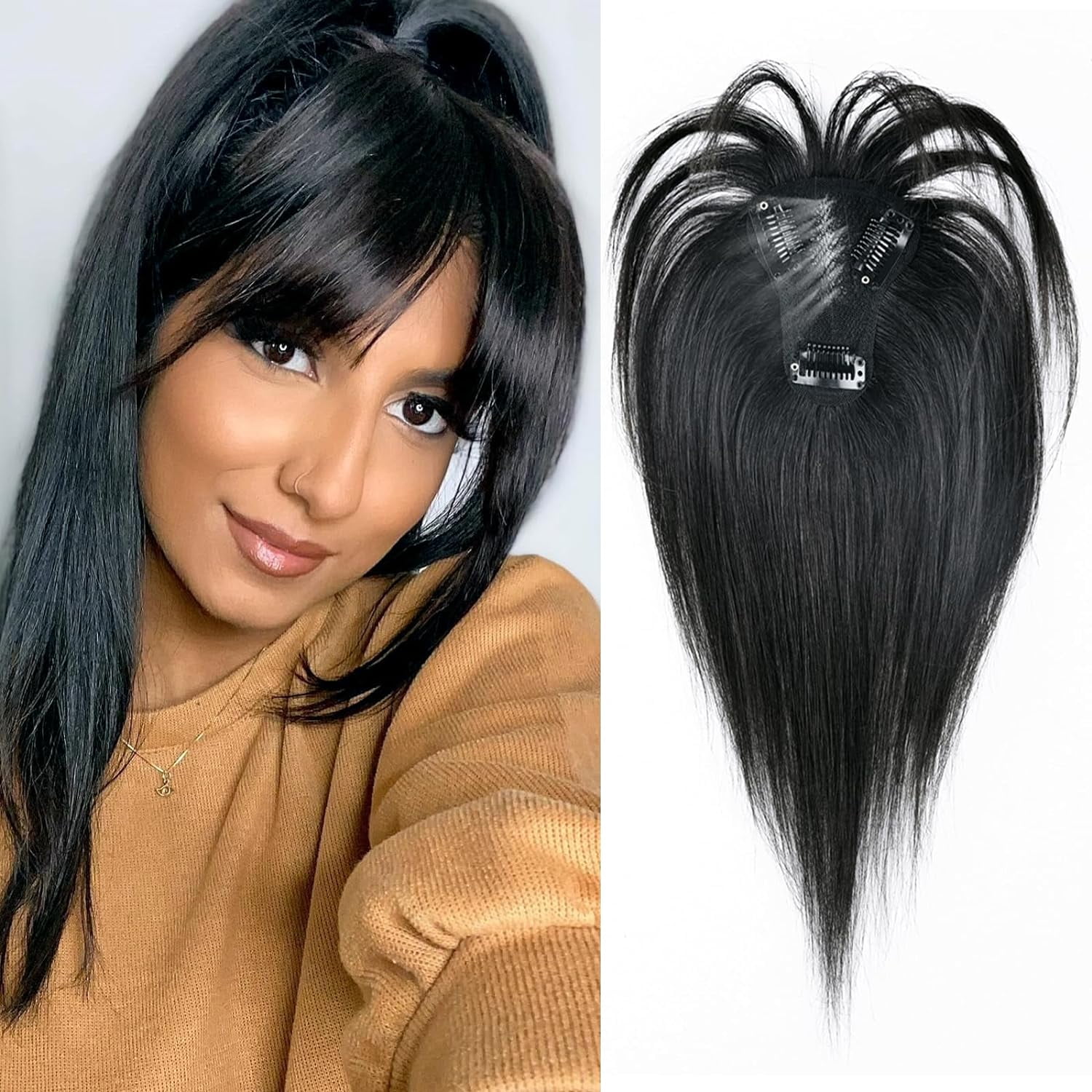 Hair Toppers for Women Real Human Hair, Bangs Hair Clip 360° 3D Cover ...