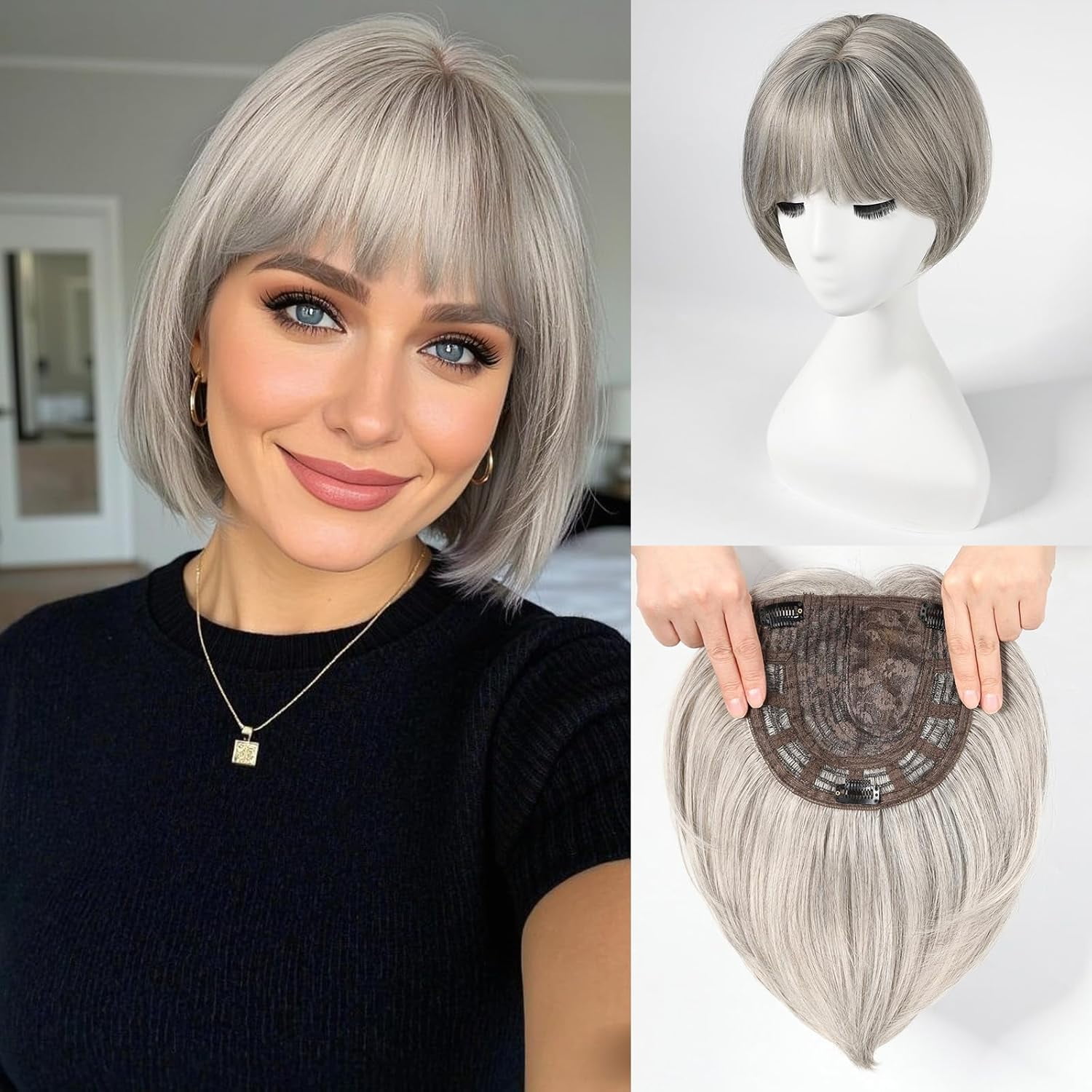 Hair Toppers for Women 10inch Natural Grey Toppers for Women with Bangs ...