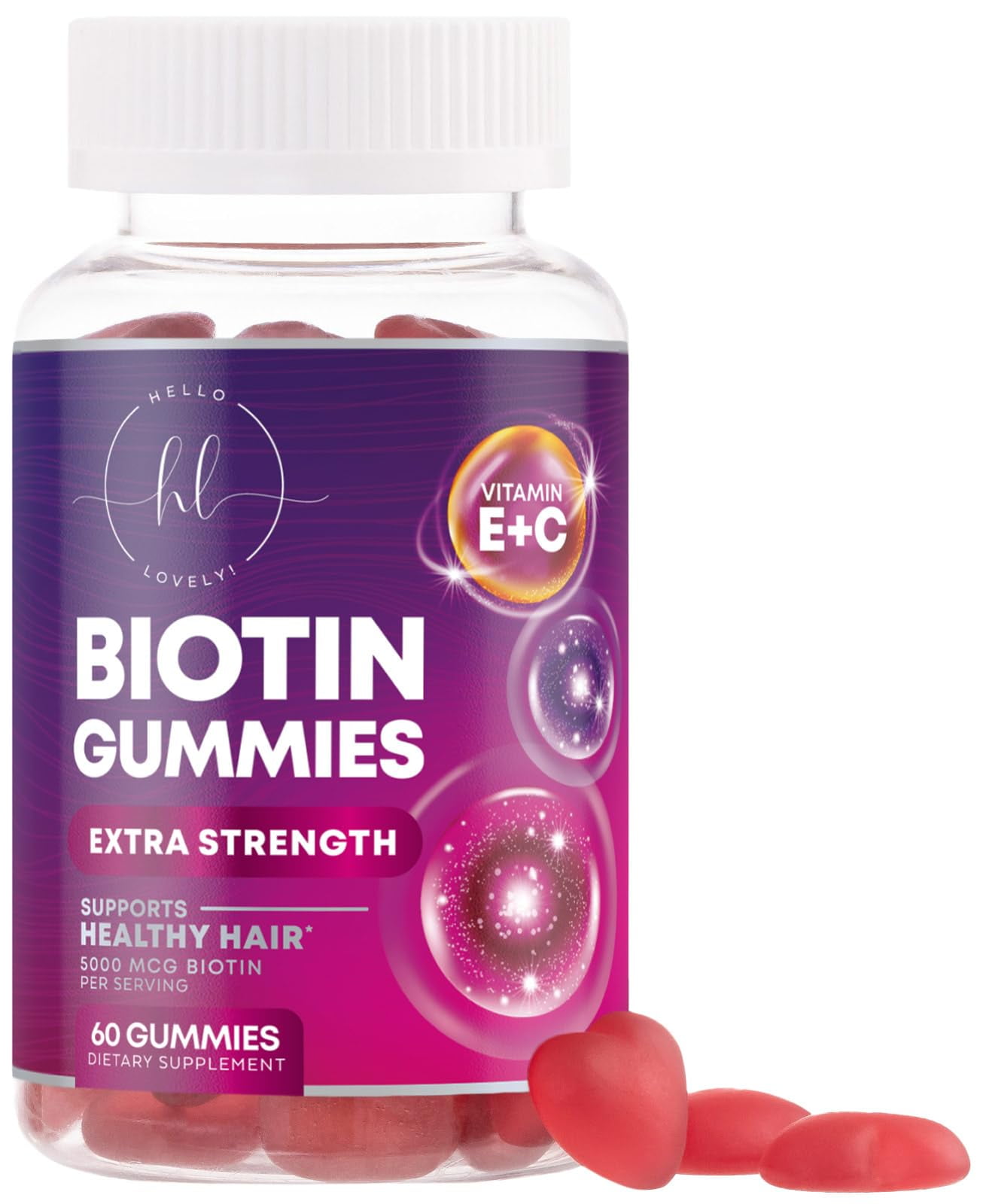 Hello Lovely! Beauty Gummies with Biotin 5000 mcg, Vitamins E & C for Hair, Skin & Nails - 60 ...