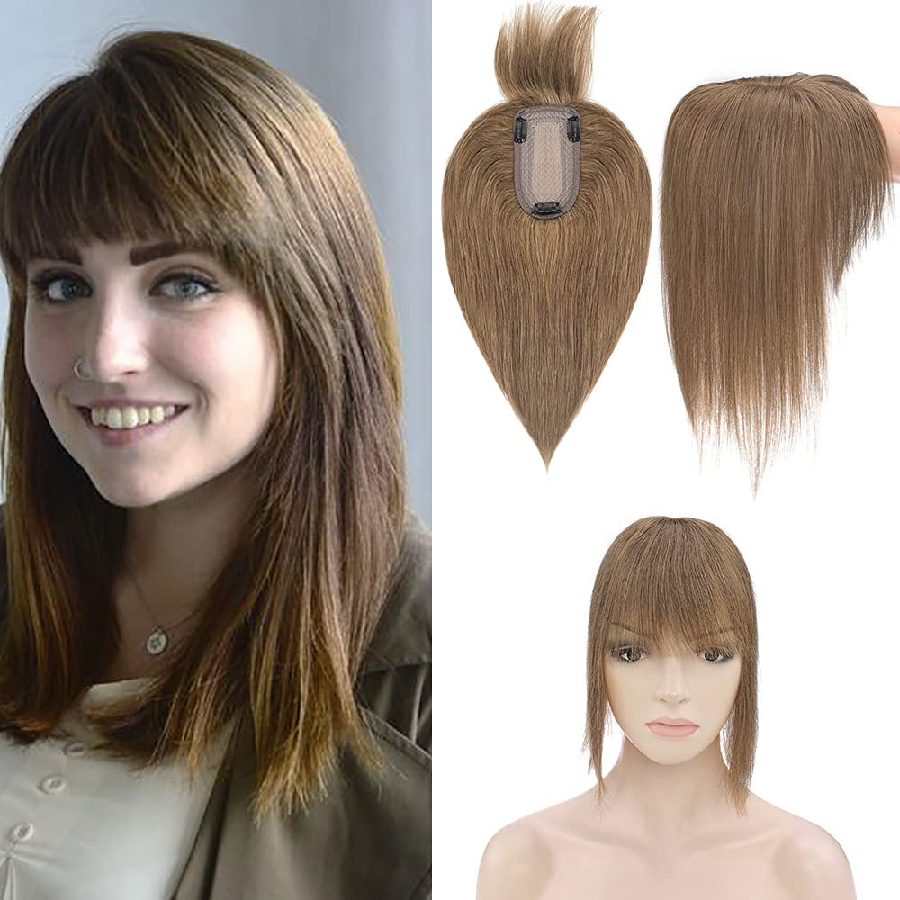 Hairpiece 100% Real Human Hair Toppers with Bangs 150% Silk Base Clip ...
