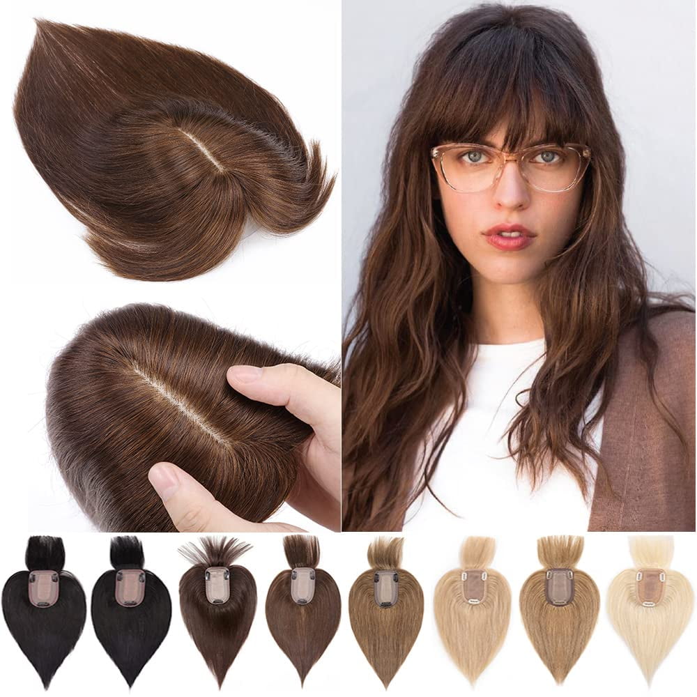 Hairpiece 100% Real Human Hair Toppers with Bangs 150% Silk Base Clip ...
