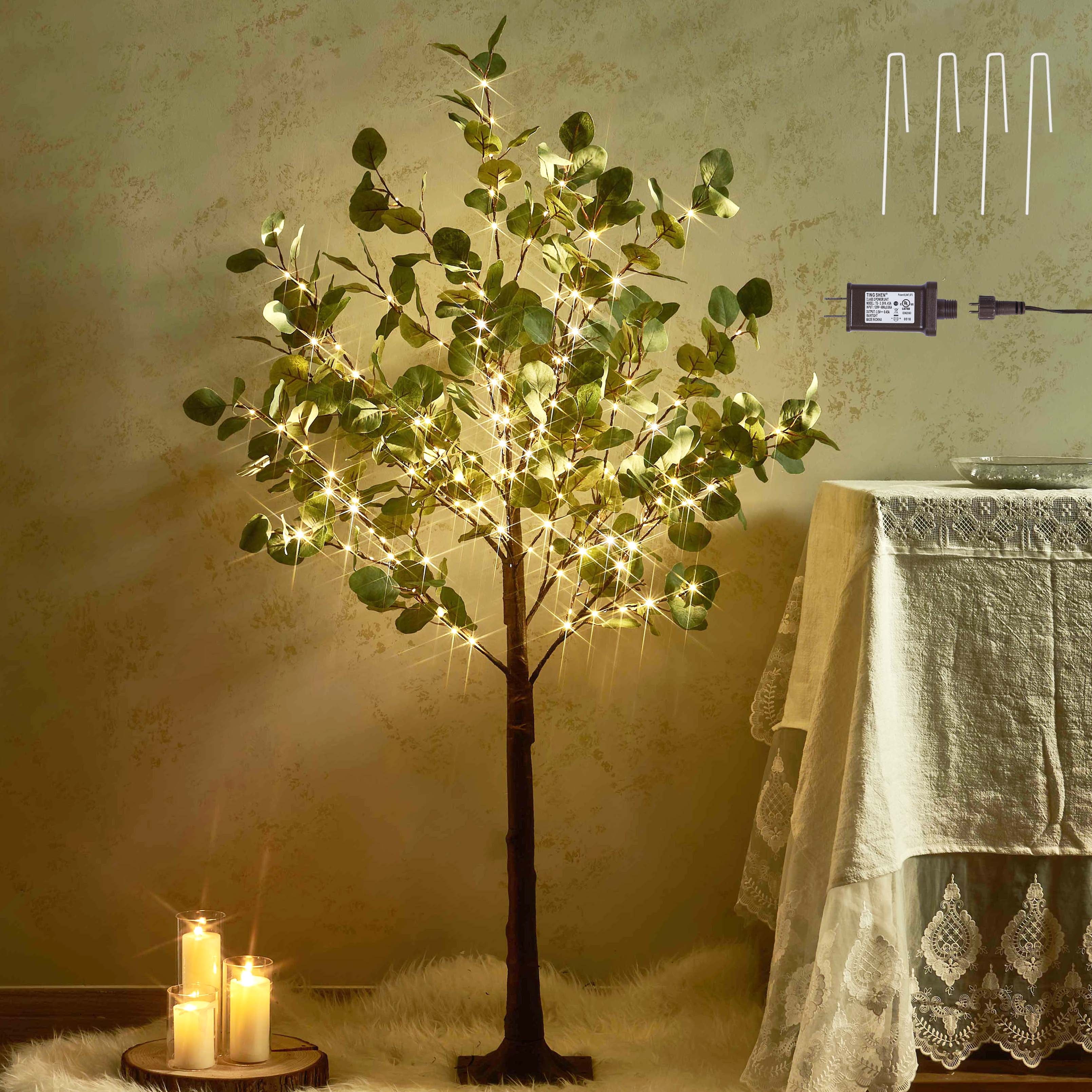 Hairui Lighted Eucalyptus Tree Plug in 4FT 160 LED Artificial Greenery ...