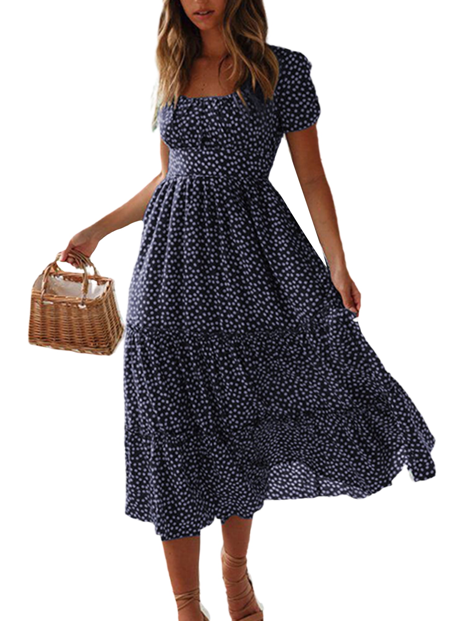 Haite Ladies High Waist Square Neck Sundress Bohemian Polka Dot Dresses ...