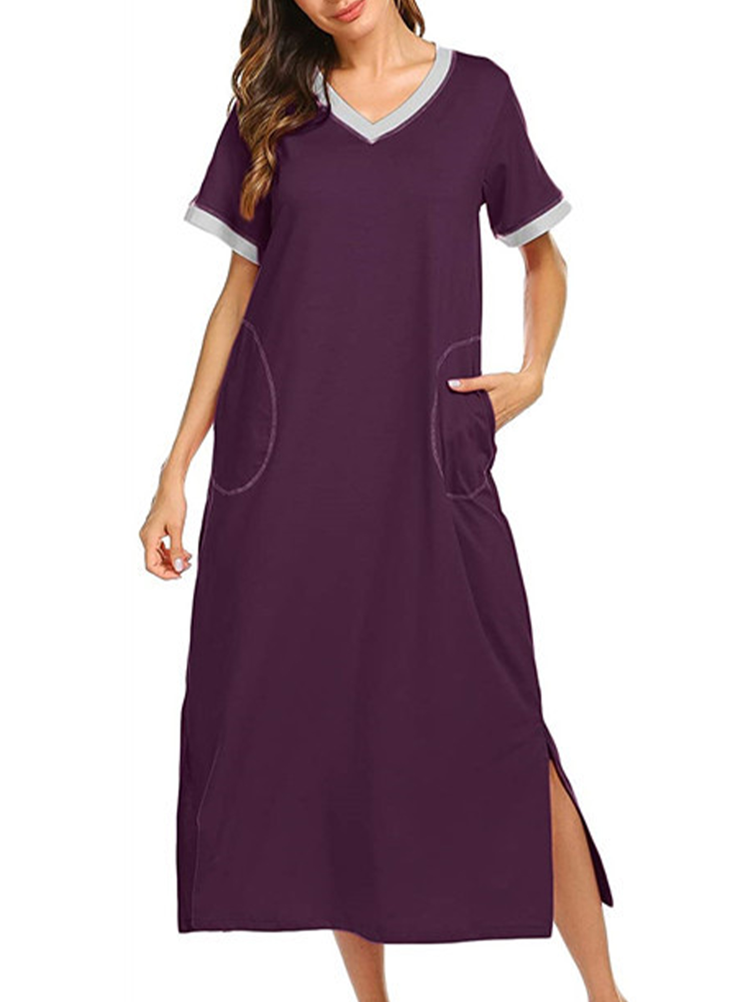 Haite Ladies Sleep Dress Short Sleeve Pajama V Neck Nightgown ...