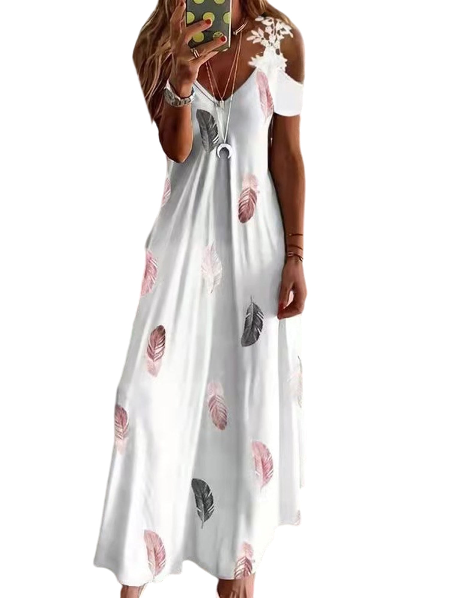 Haite Ladies V Neck Cold Shoulder Summer Beach Sundress Kaftan Short ...