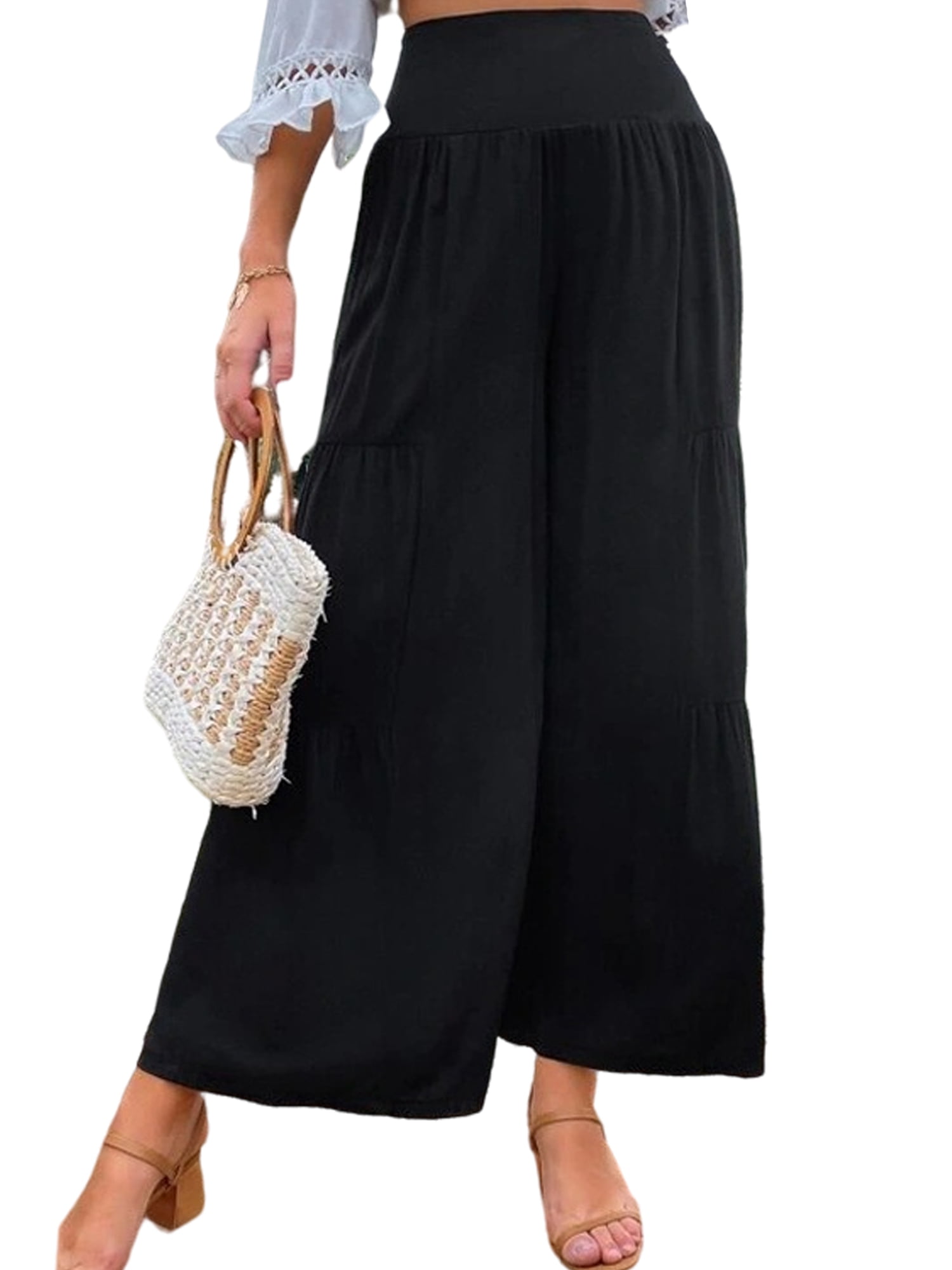 Haite Ladies Wide Leg Ruched Bottoms Boho Hippie Palazzo Pant Beach ...