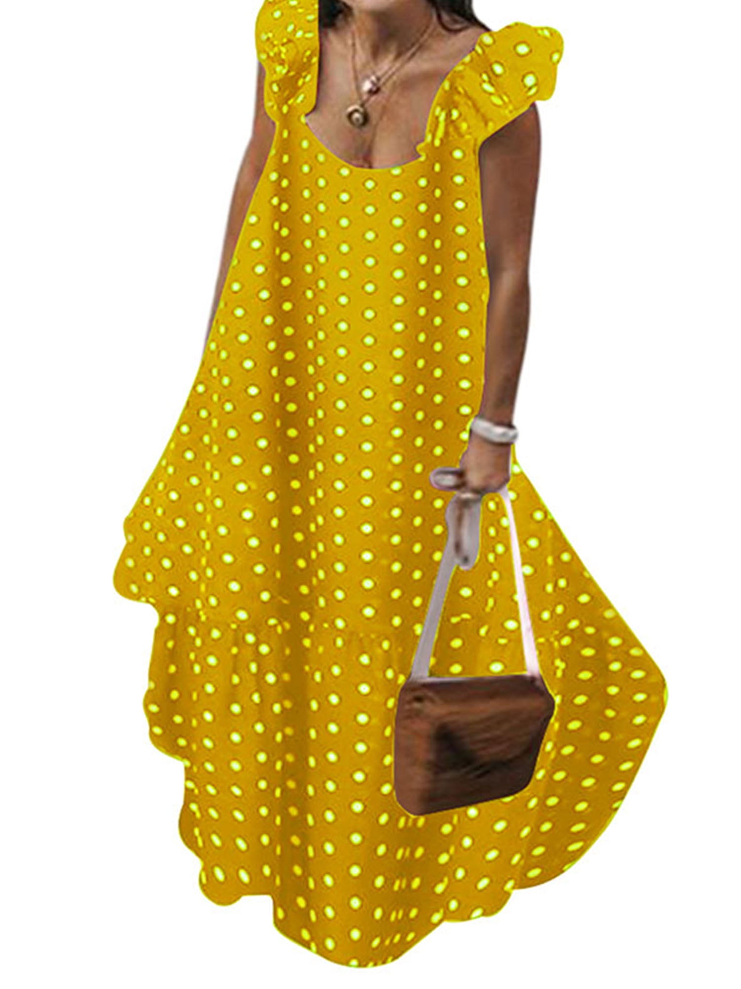 Haite Women Crew Neck Irregular Hem Sundress Wide Strap Swing Long ...