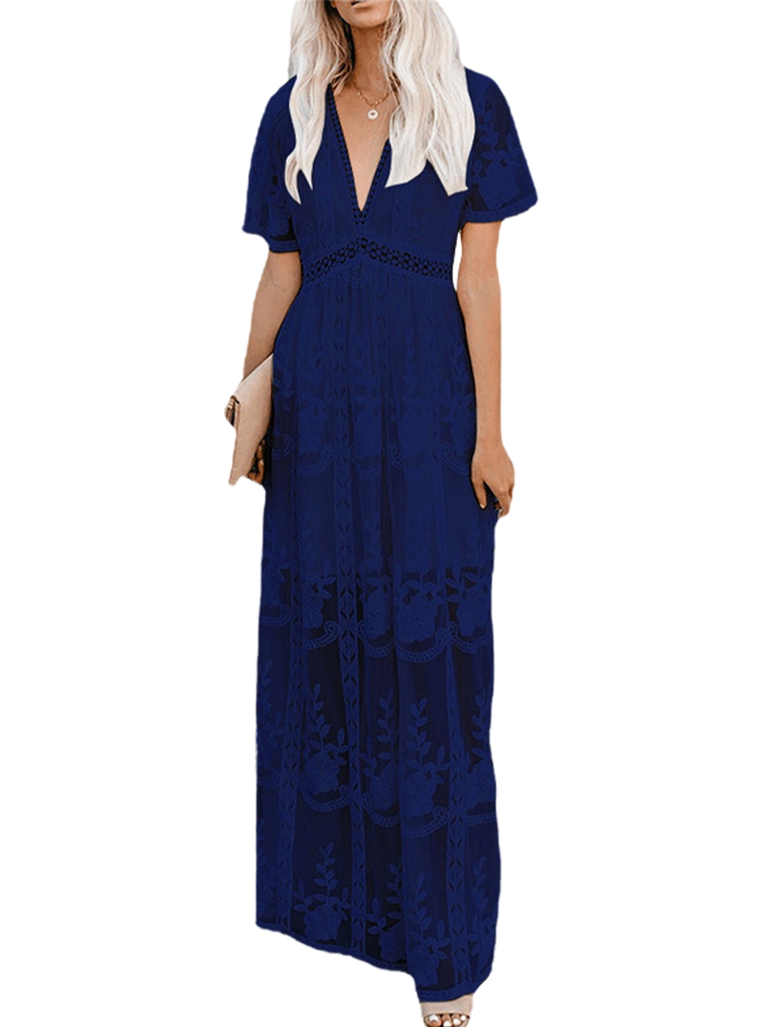 Haite Women Hollow Out Lace Maxi Dresses Sexy Chiffon Summer Beach Sundress Holiday V Neck