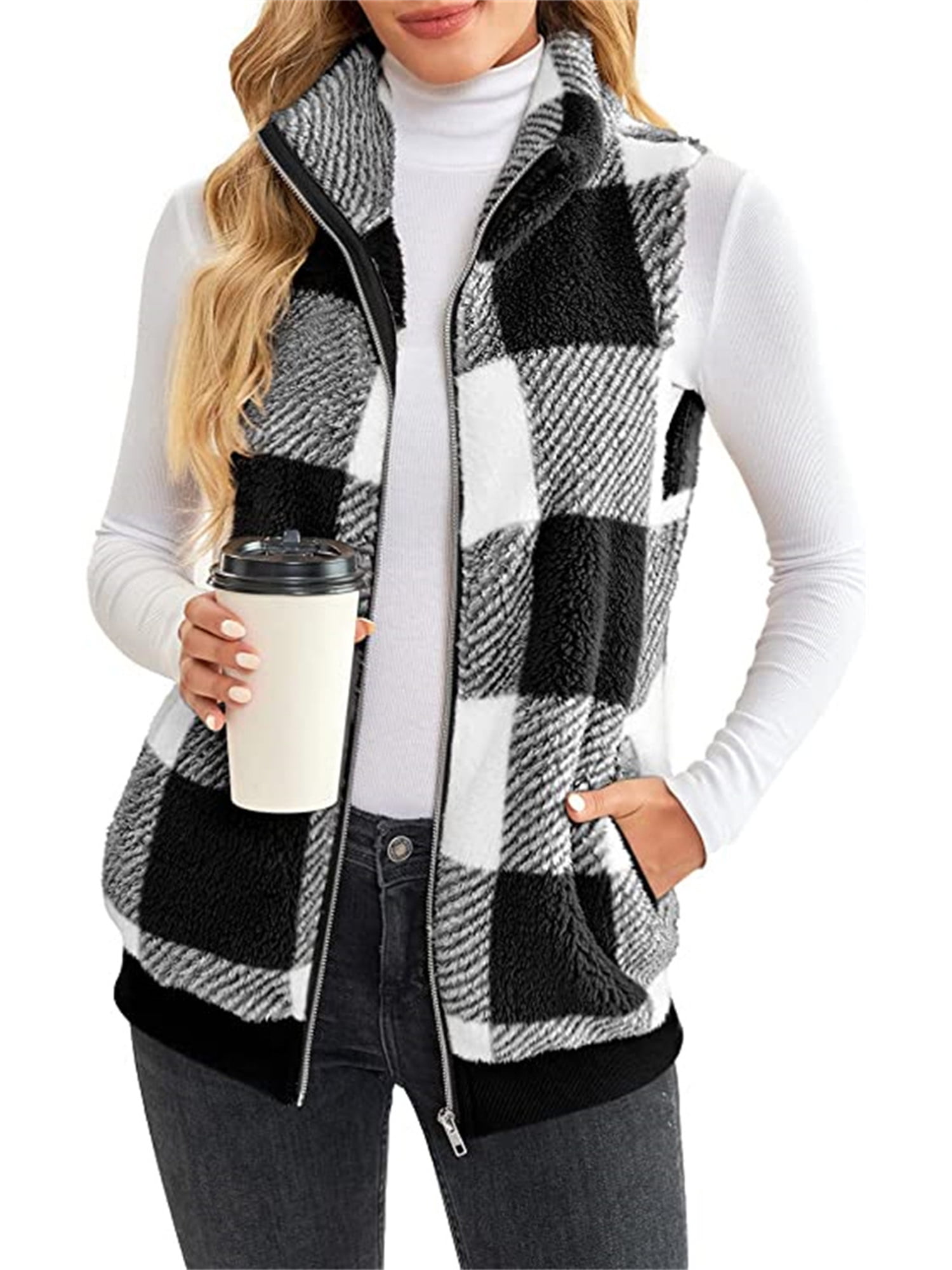 Haite Women's Warm Lightweight Sherpa Fleece Vest, Fall Winter Plaid ...