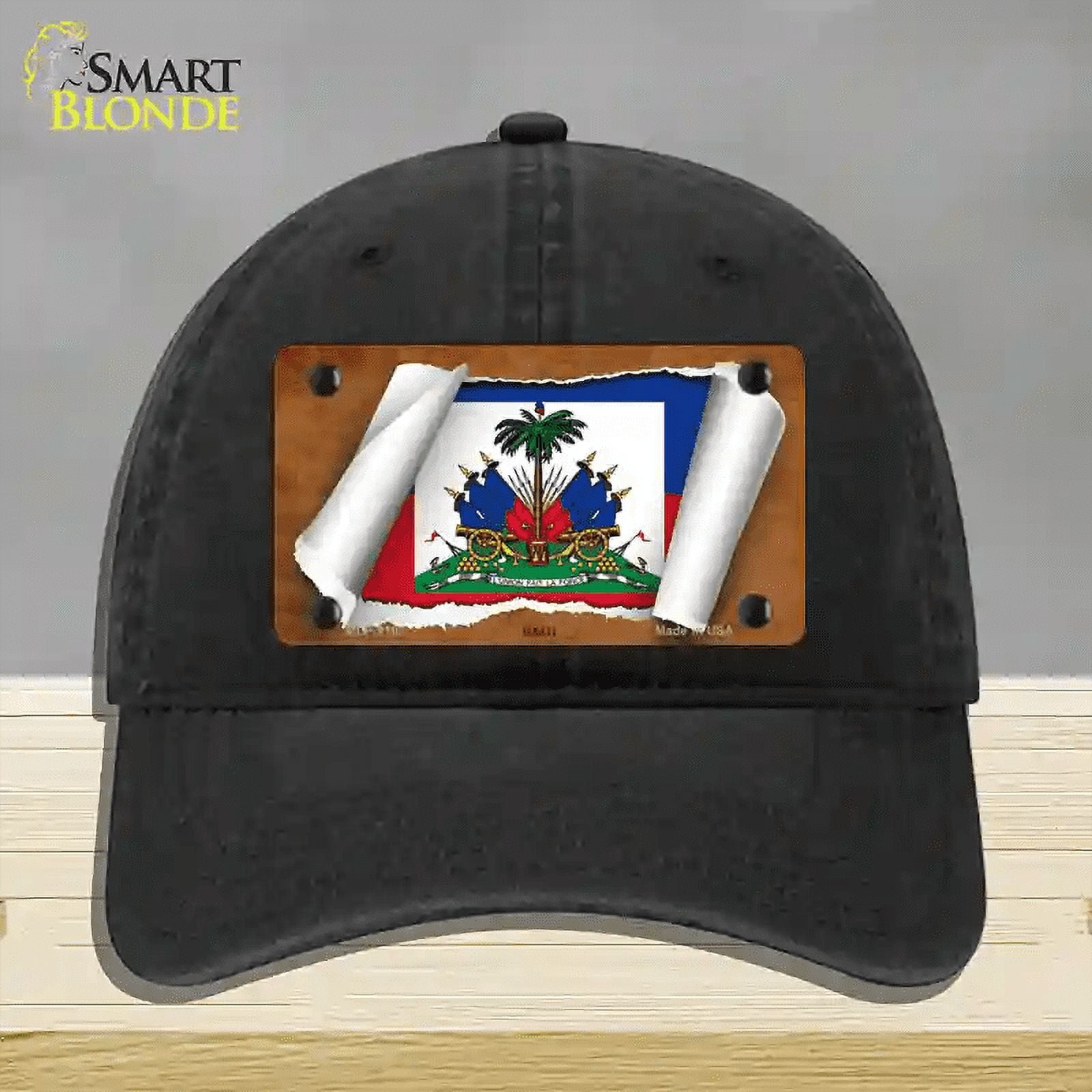Haiti Flag Scroll Novelty License Plate Hat Unconstructed Cotton Black ...