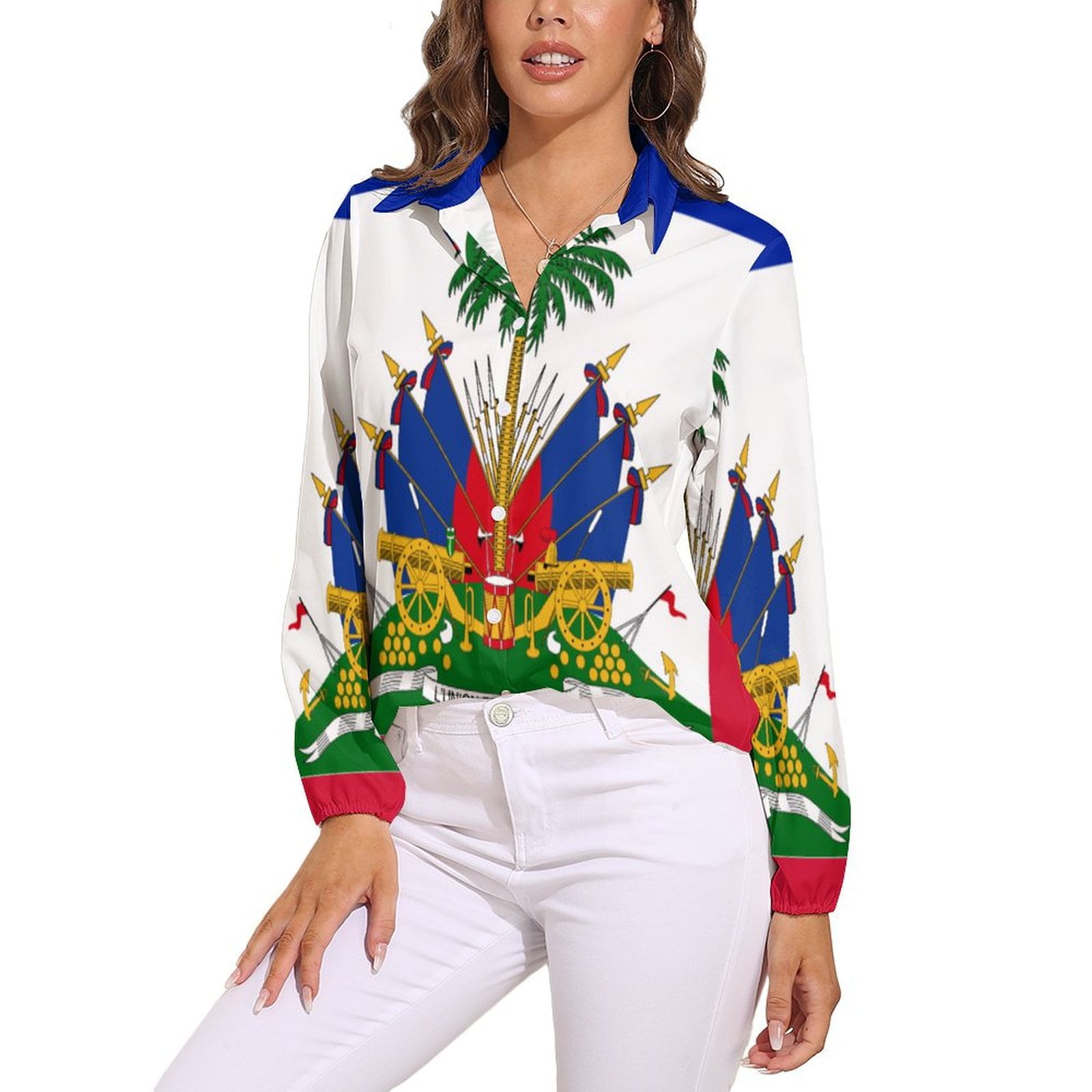 Haiti Haitian Flag Coat of Arms Red Long Sleeve Blouse Woman Streetwear ...