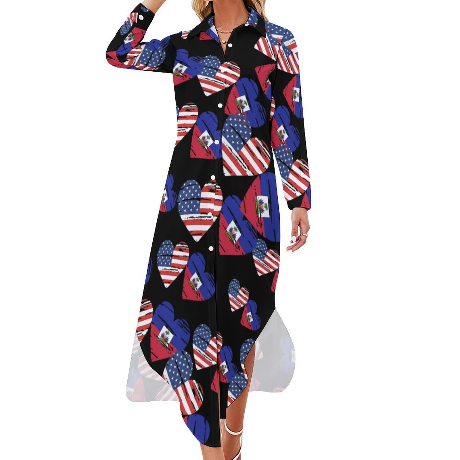 Haiti US Heart Flag Women's Maxi T Shirt Dress Long Sleeve Lapel Summer ...