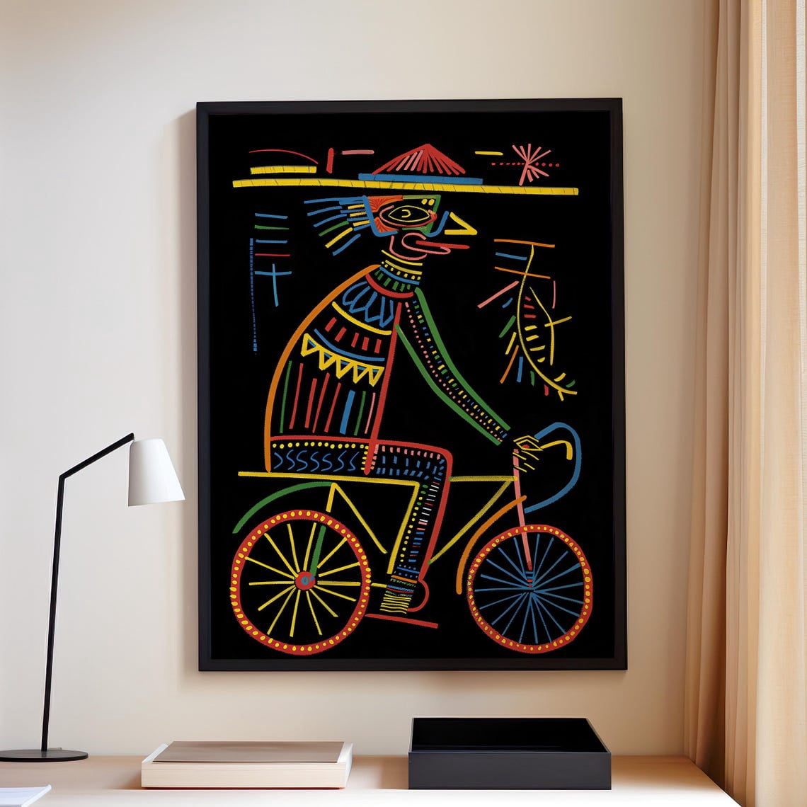 Haitian Voodoo Folk Modern Art Man On Bicycle Colorful Line Art ...