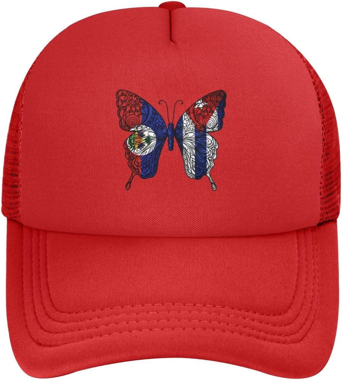 Haitian and Cuban Mix Flag Butterfly Trucker Hat High Crown Mesh Back ...