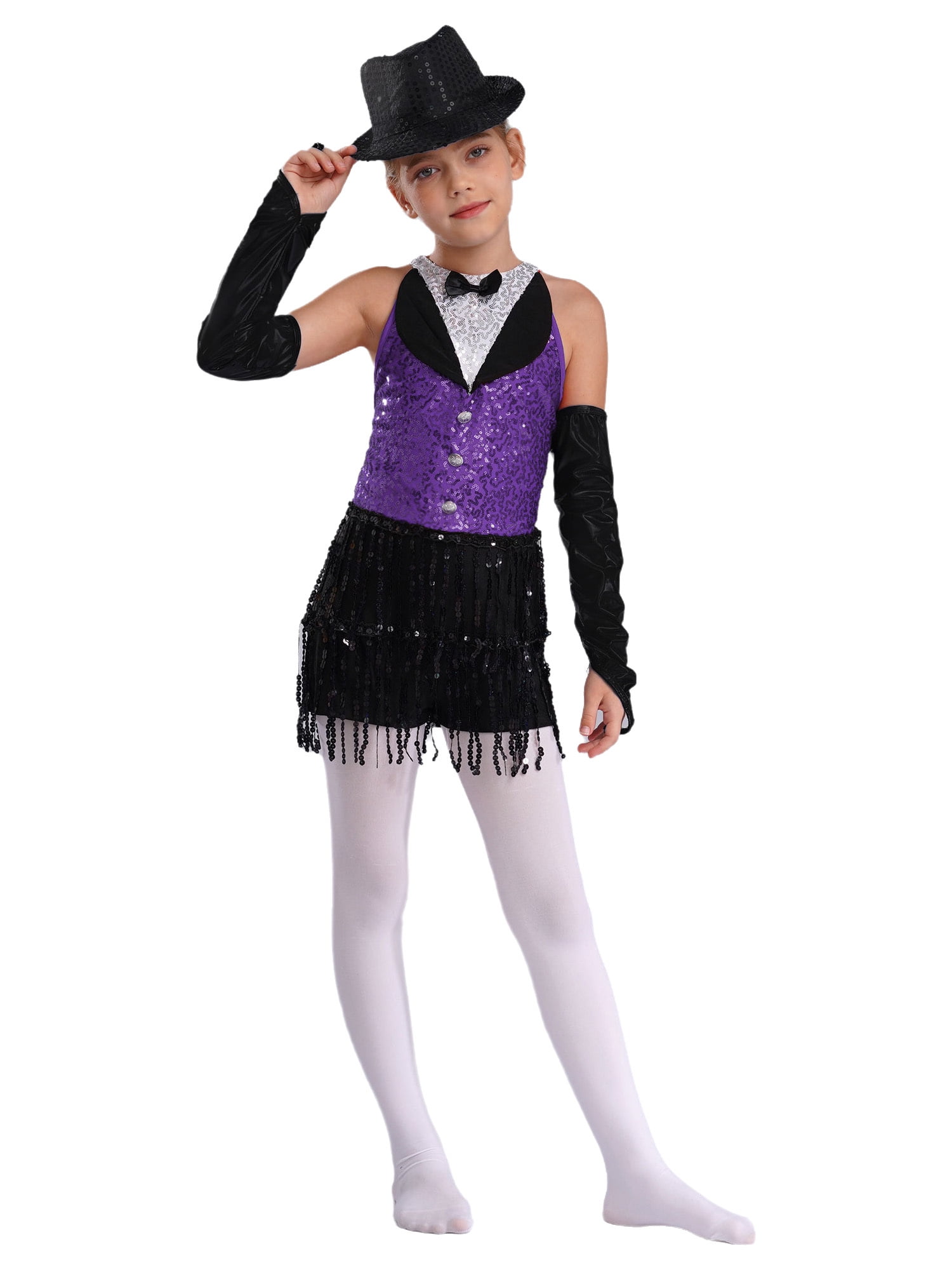 Haitryli Big Girls Sparkly Tuxedo Bodysuit Outfits Fringe Latin Dance ...
