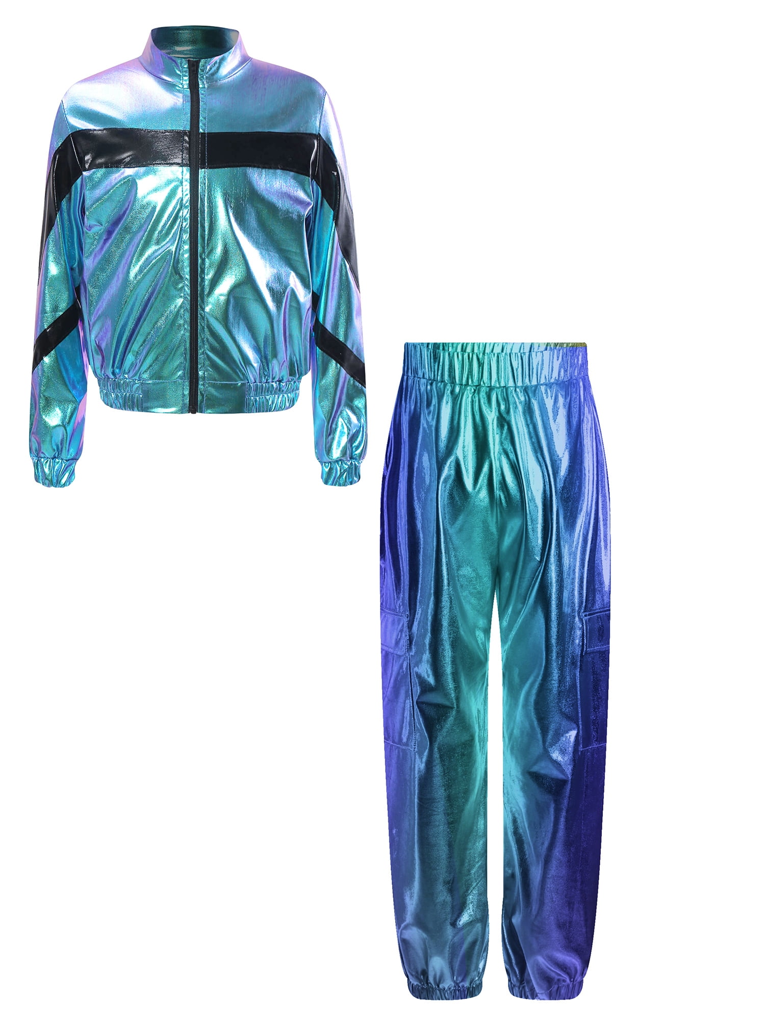 Haitryli Boys Girls Hip Hop Street Dance Outfits Shiny Metallic Long ...