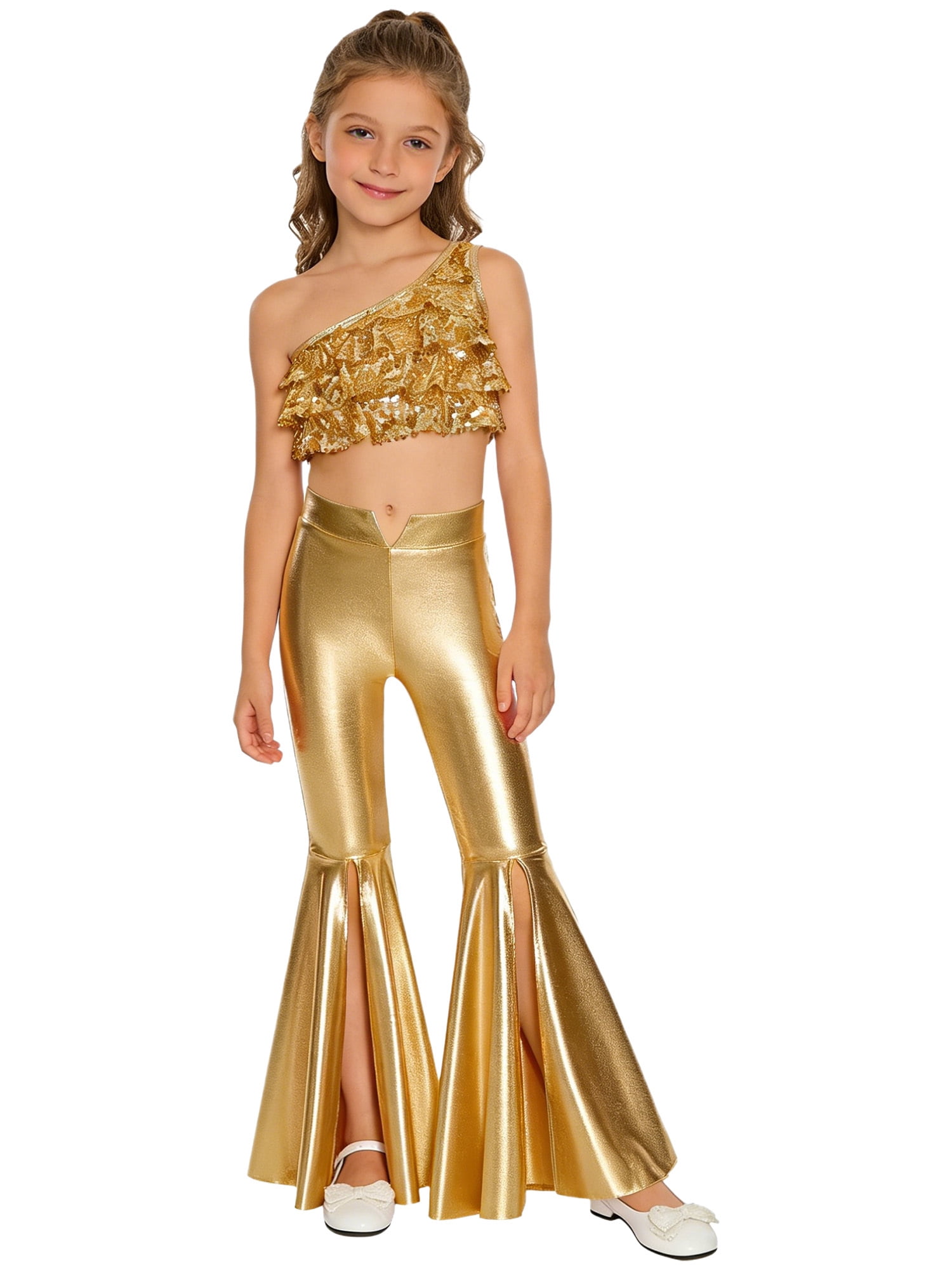 Haitryli Girls 2 Piece Dance Set Sequin Crop Top with Split Flare Pants ...