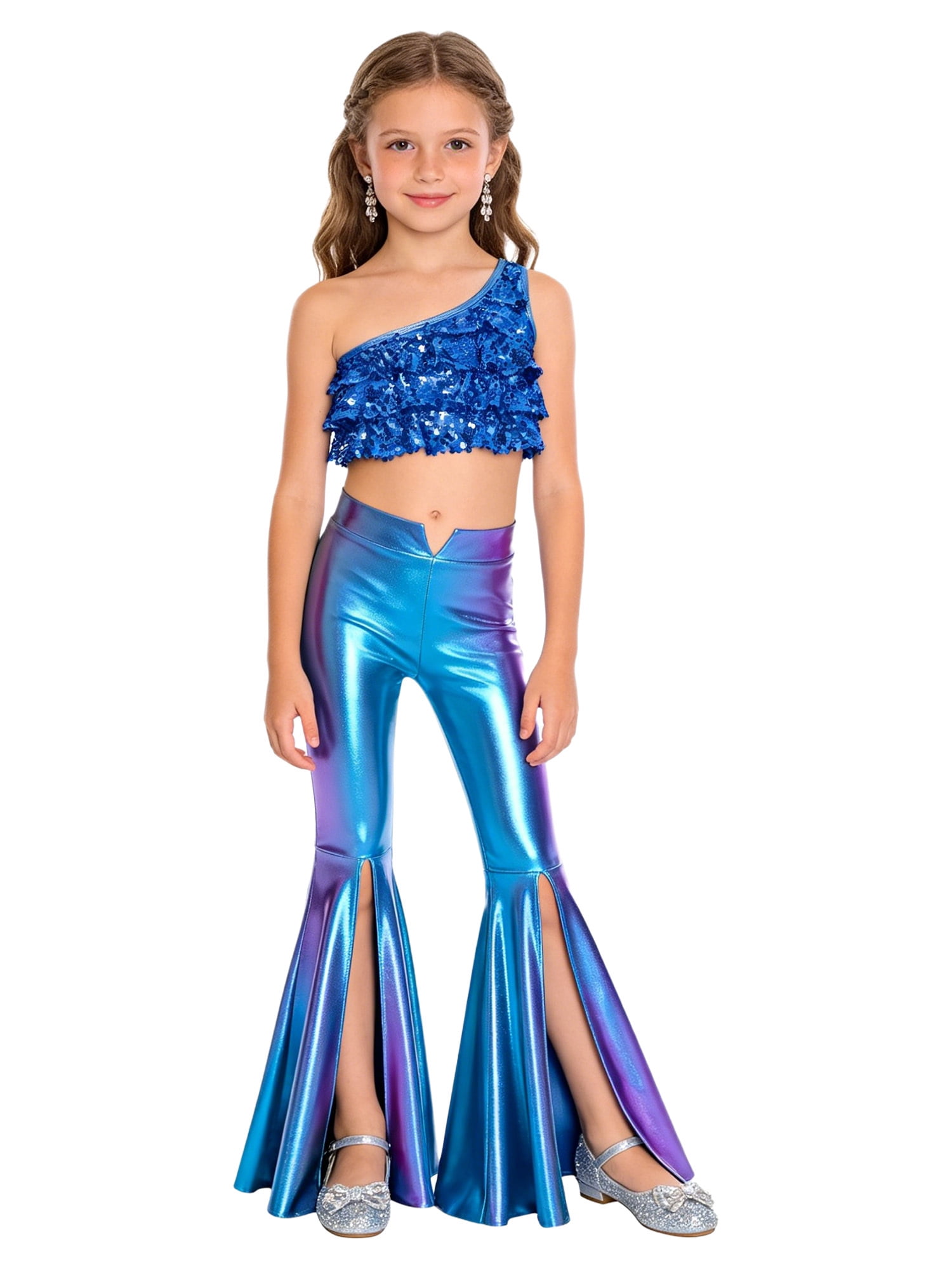 Haitryli Girls 2 Piece Dance Set Sequin Crop Top with Split Flare Pants ...