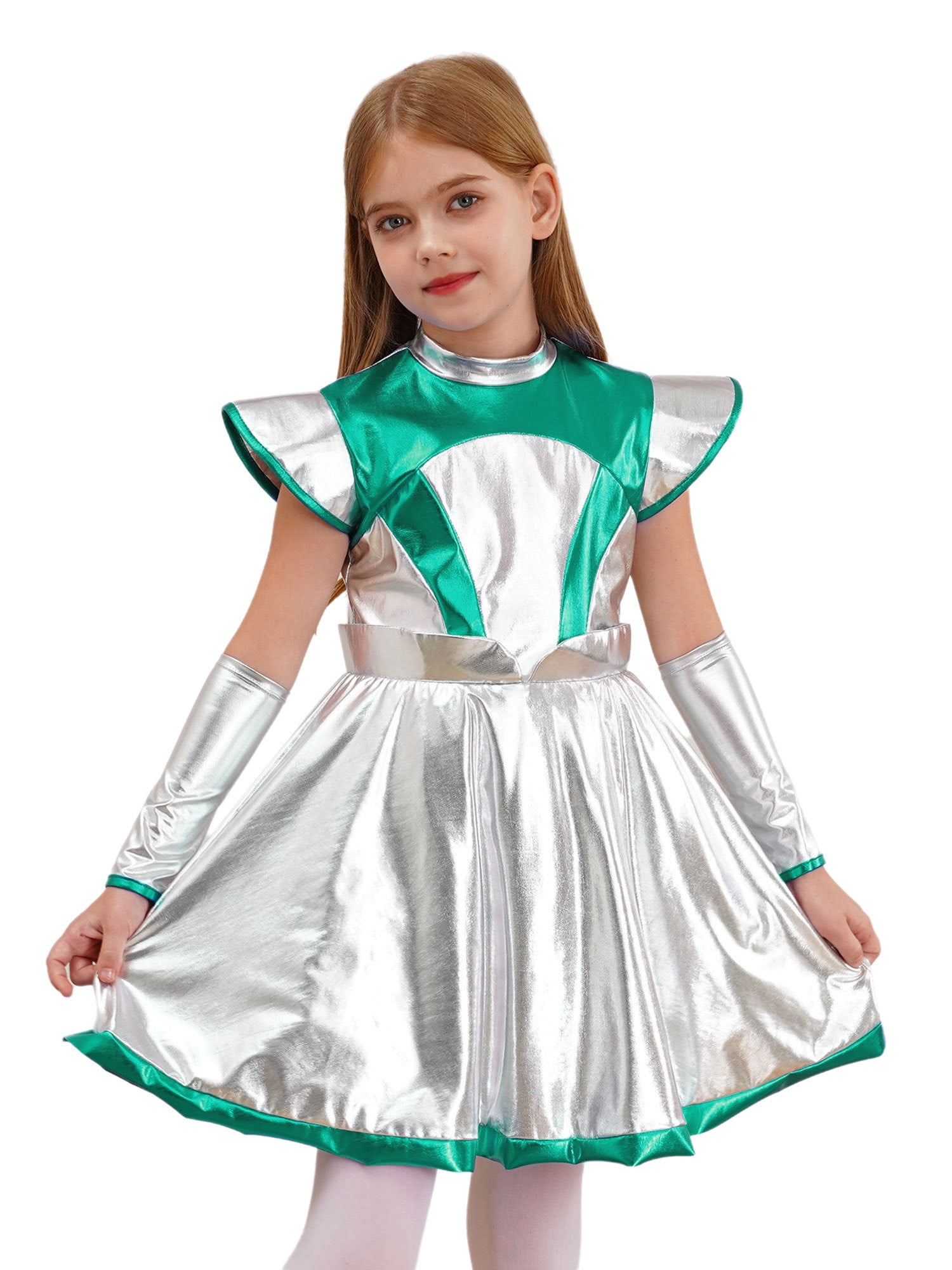 Haitryli Girls Alien Cosplay Costume Cap Sleeve Shimmering PU Dress ...