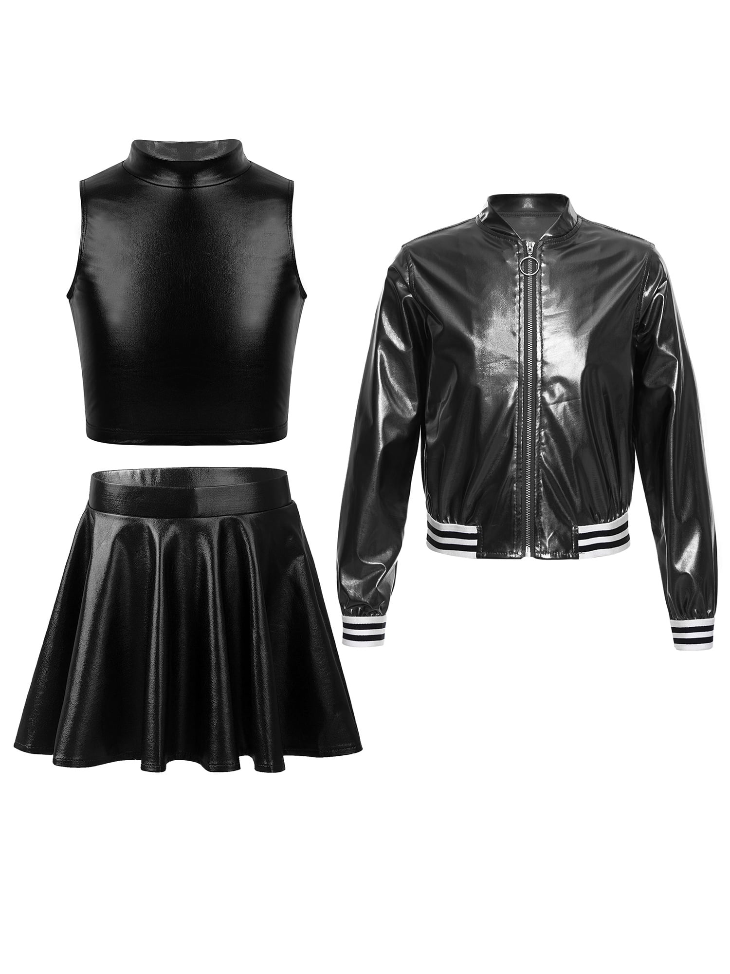 Haitryli Girls Kids Shiny Metallic Crop Top with Mini Skirt Jacket ...
