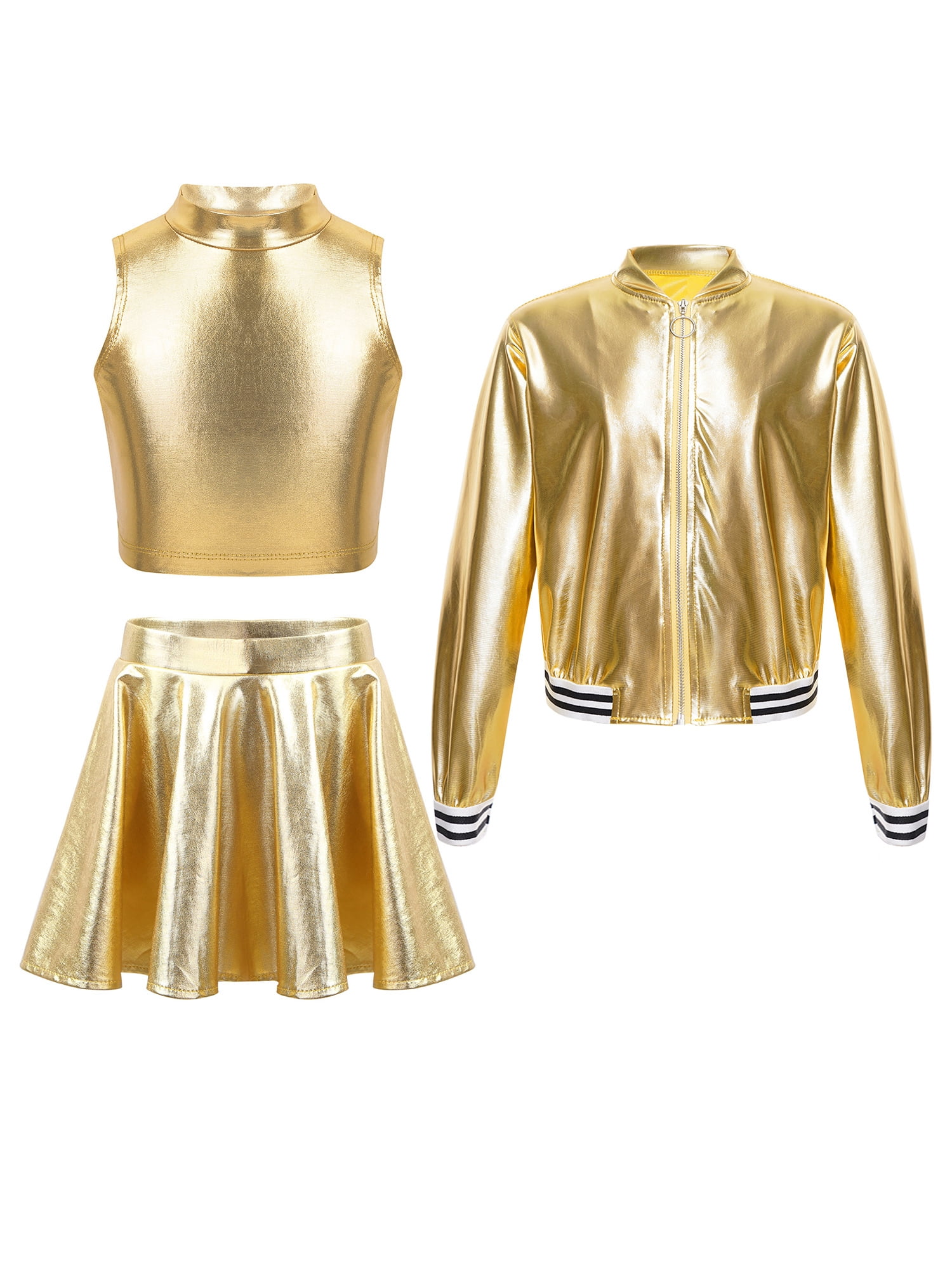 Haitryli Girls Kids Shiny Metallic Crop Top with Mini Skirt Jacket ...