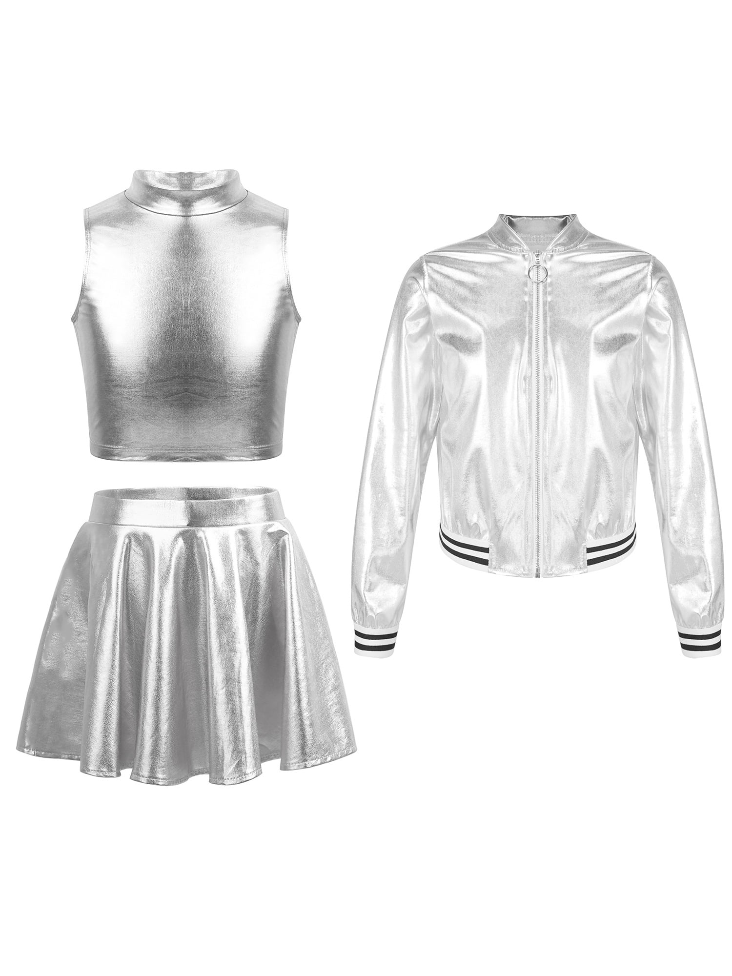 Haitryli Girls Kids Shiny Metallic Crop Top with Mini Skirt Jacket ...