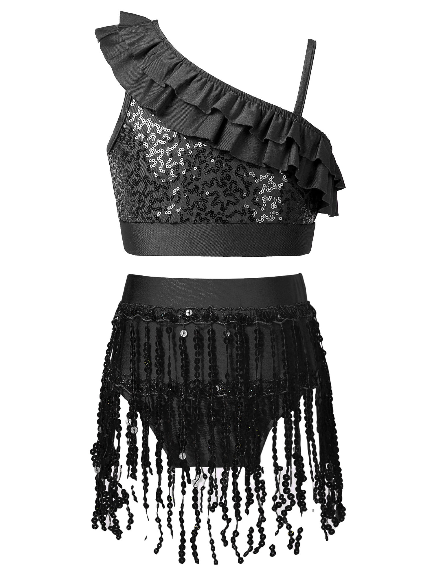 Haitryli Girls Latin Dance Outfit 2-Piece One Shoulder Ruffle Crop Top ...