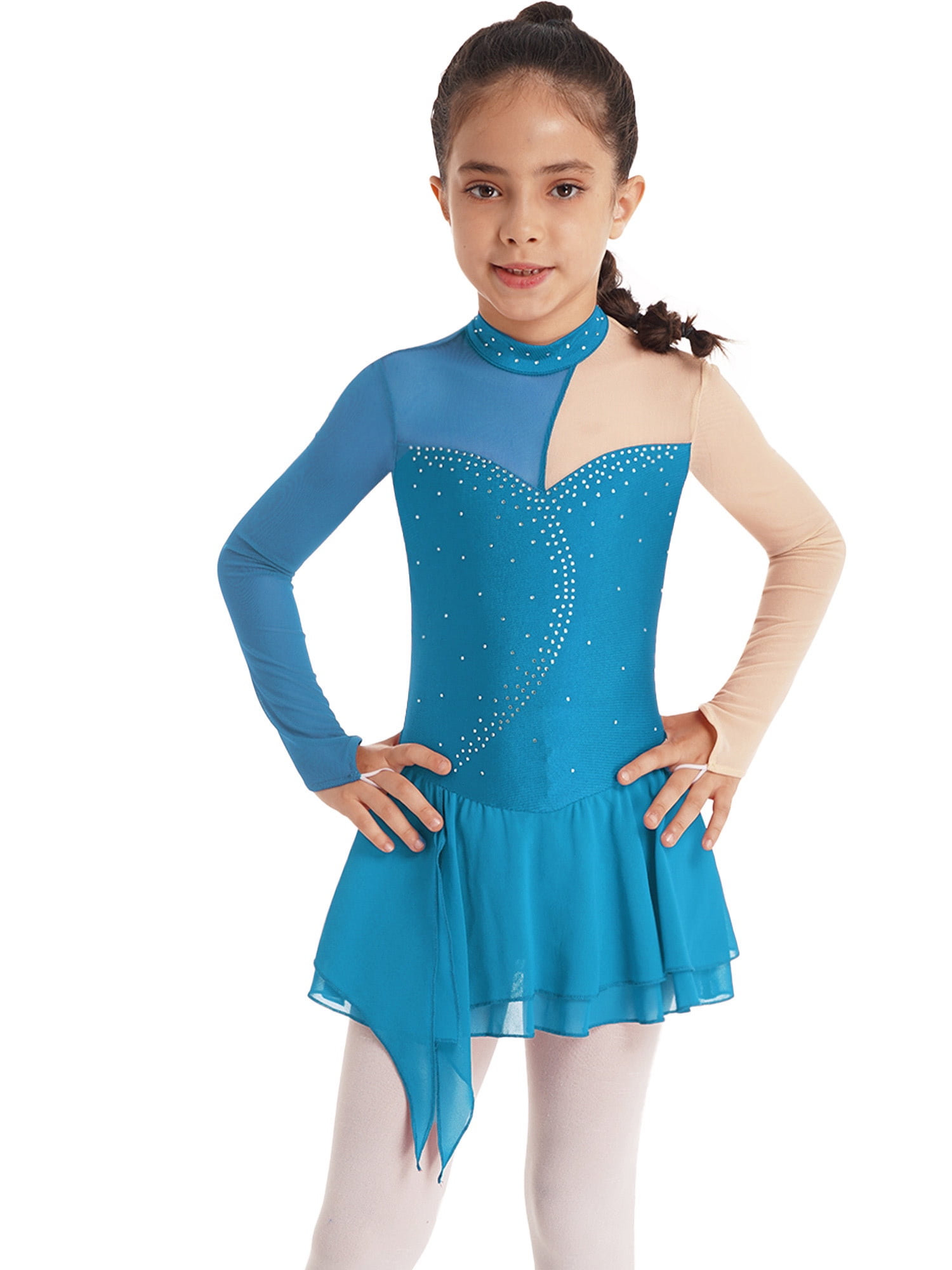 Haitryli Girls Long Sleeve Figure Ice Skating Dress Kids Shiny ...