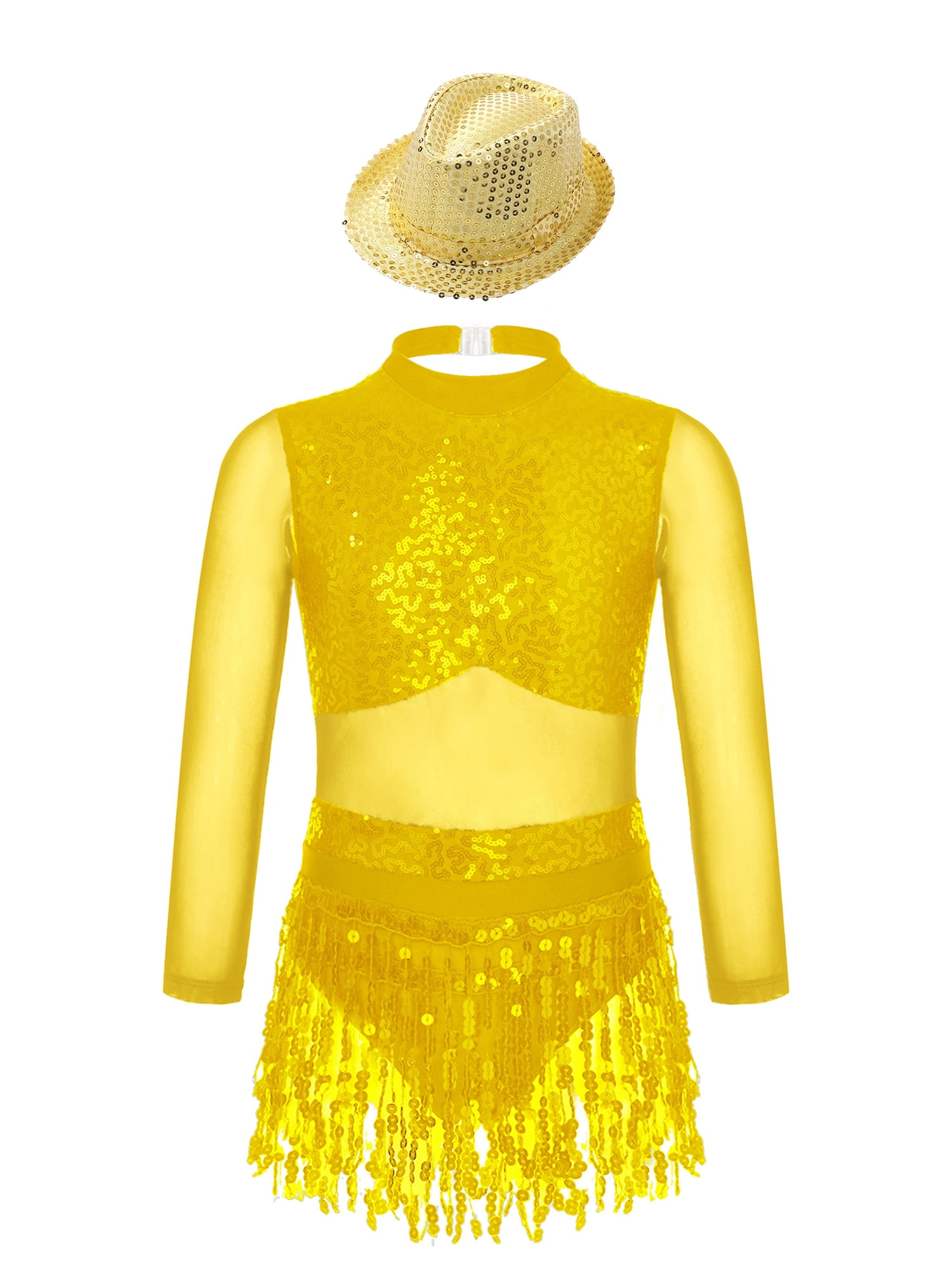 Haitryli Girls Long Sleeve Sequins Tassel Hem Leotard Dress with Hat ...