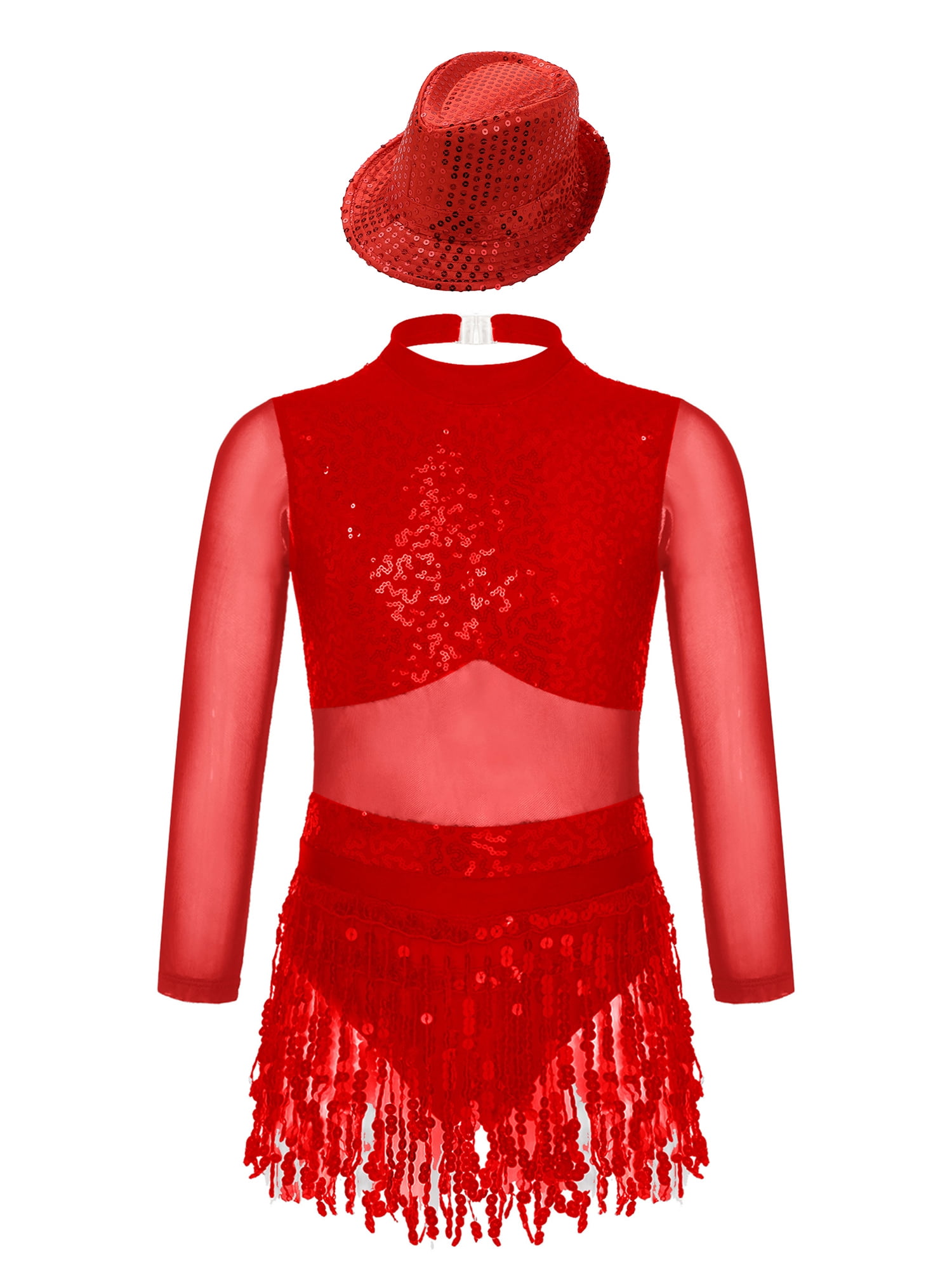 Haitryli Girls Long Sleeve Sequins Tassel Hem Leotard Dress with Hat ...