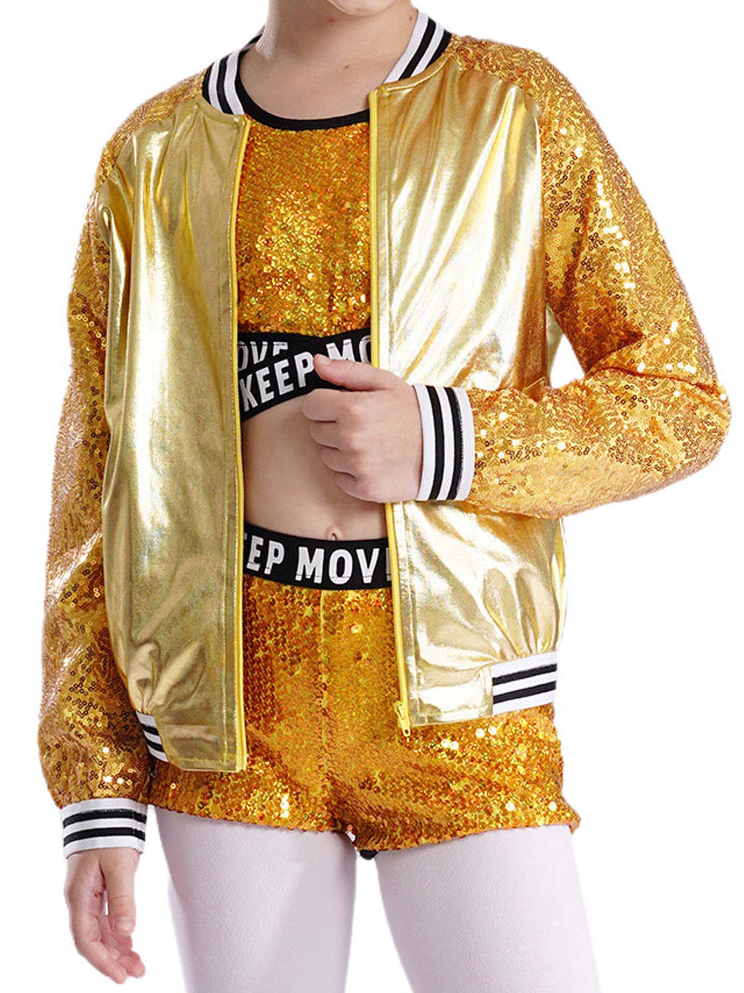 Haitryli Girls Metallic Long Sleeve Bomber Jacket Kids Hip-hop Jazz ...