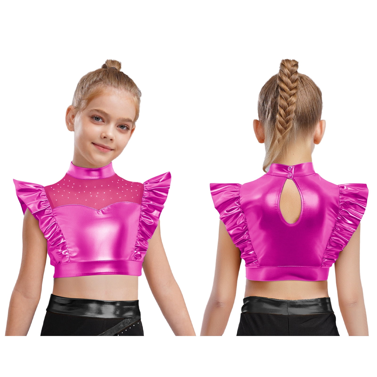 Haitryli Girls Ruffle Layered Crop Tops Metallic Hip Hop Dance Shirts ...