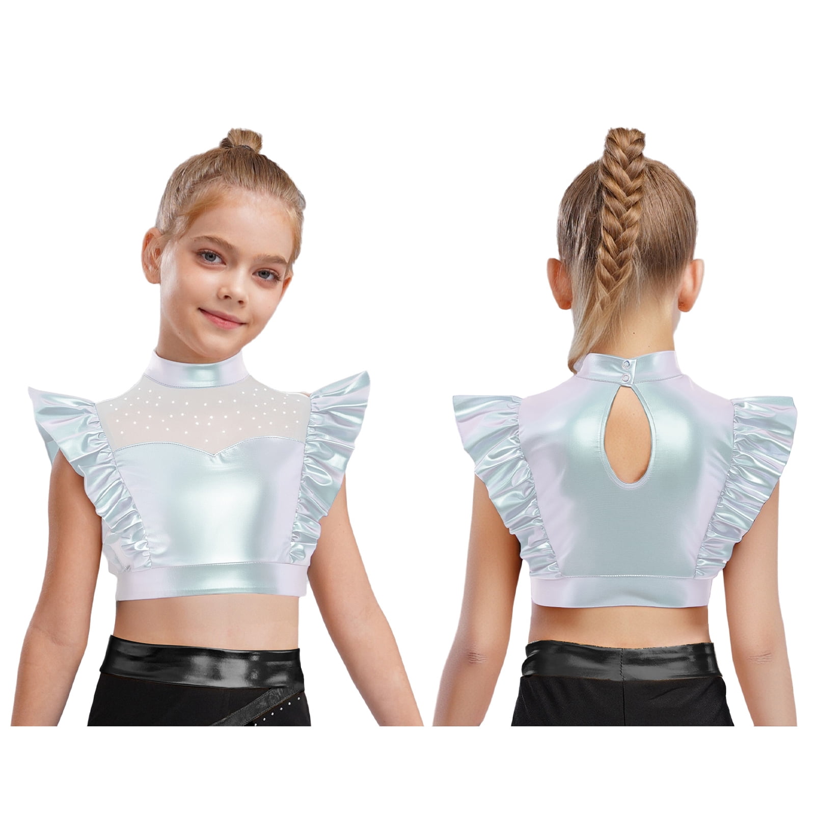Haitryli Girls Ruffle Layered Crop Tops Metallic Hip Hop Dance Shirts ...