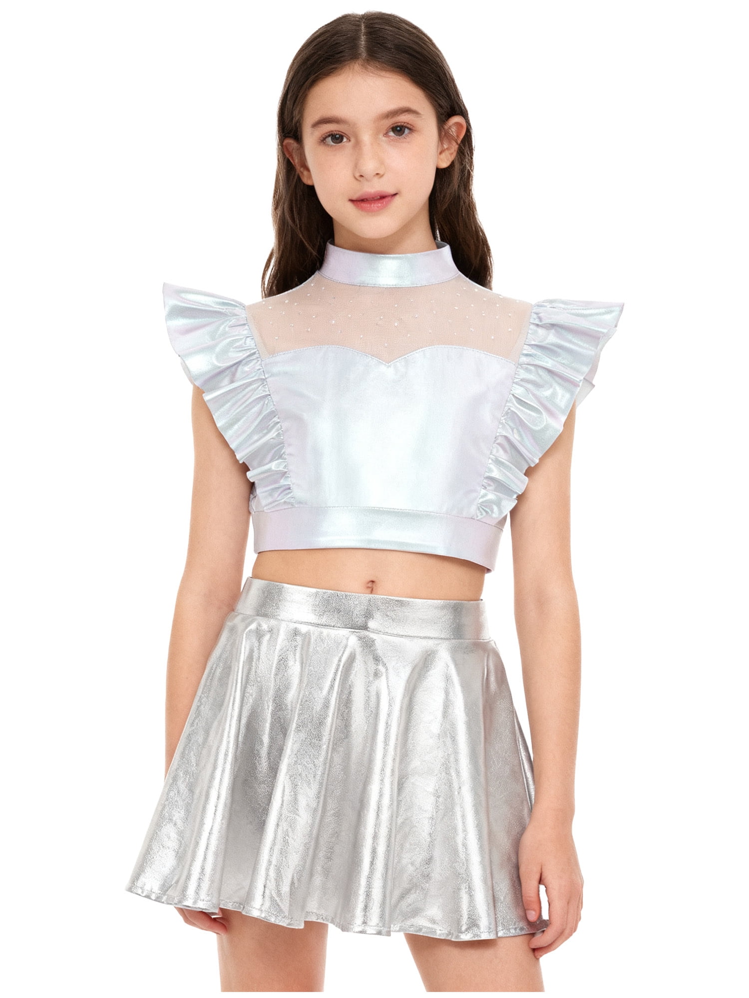 Haitryli Girls Ruffle Sleeve Rhinestones Jazz Dance Crop Top with ...