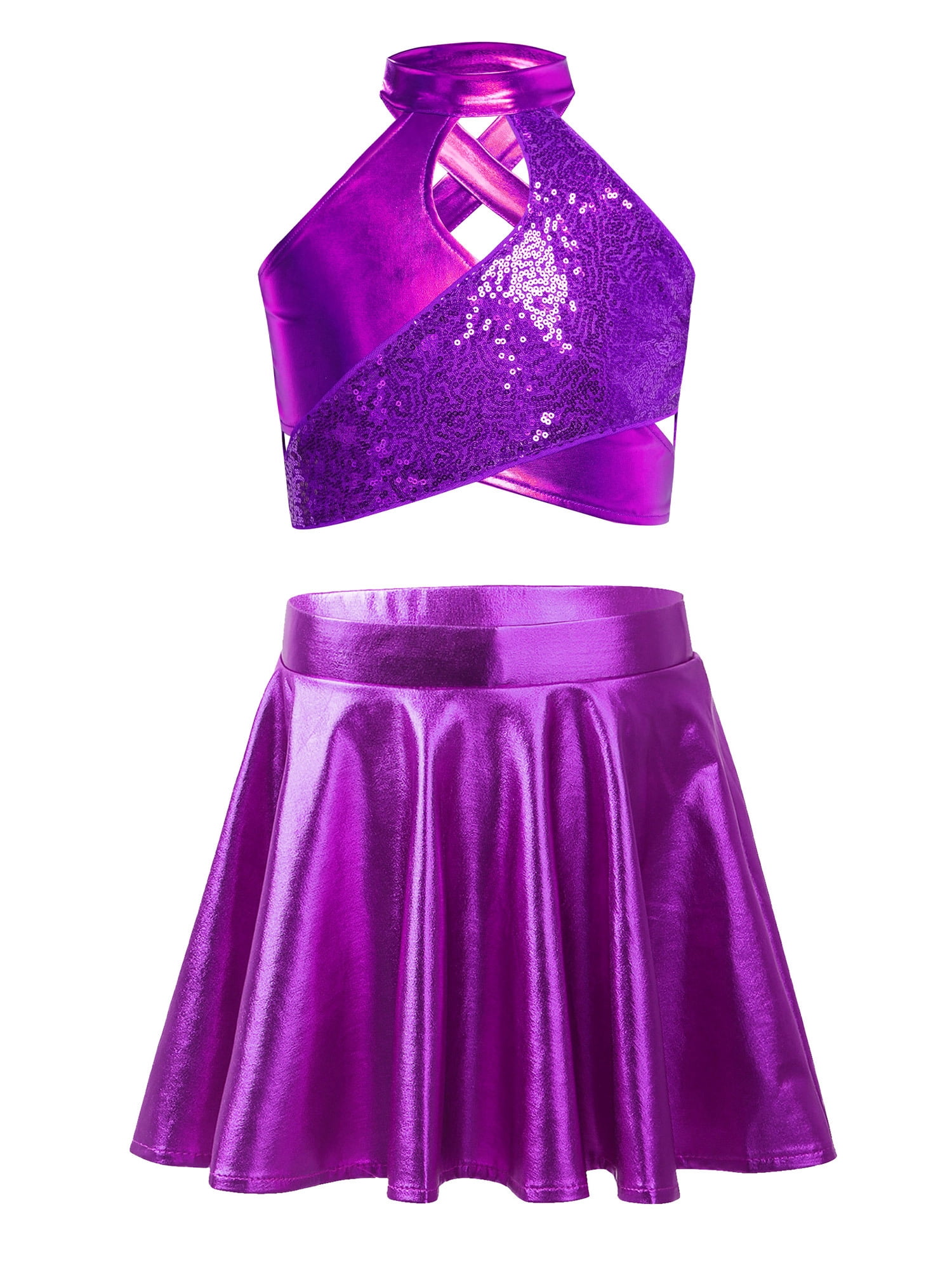 Haitryli Kids Girls 2 Piece Dance Outfit Sparkly Sequin Crop Top with ...