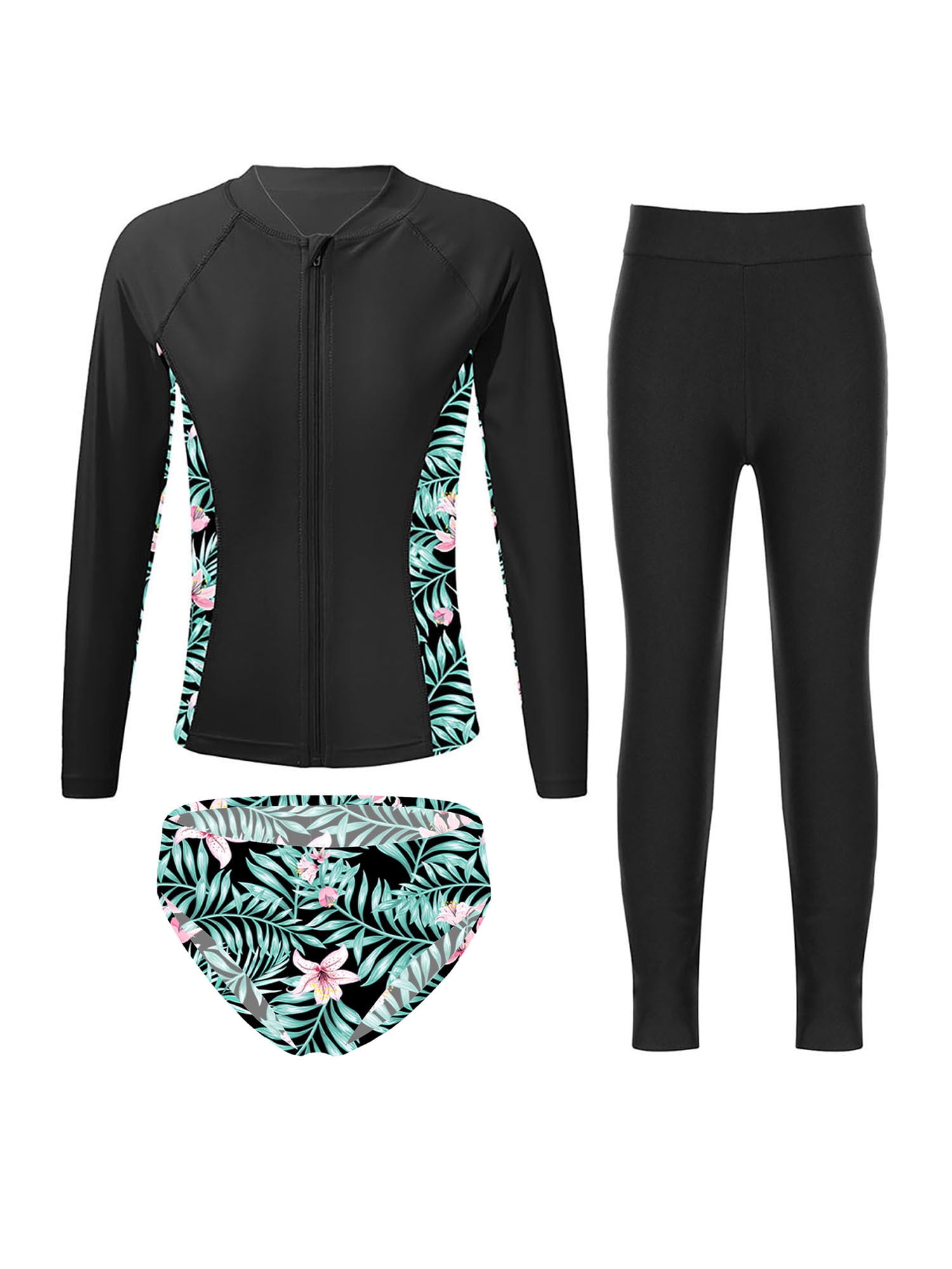 Haitryli Kids Girls 3Pcs Rash Guard Swimwear Set Long Sleeve Zipper ...