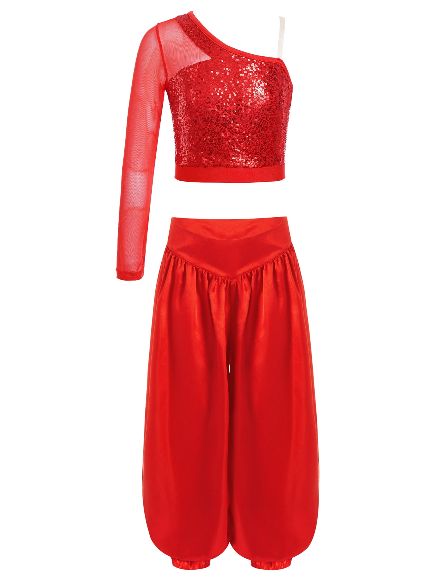 Haitryli Kids Girls Belly Jazz Dance Outfits Asymmetrical Shoulder Crop ...