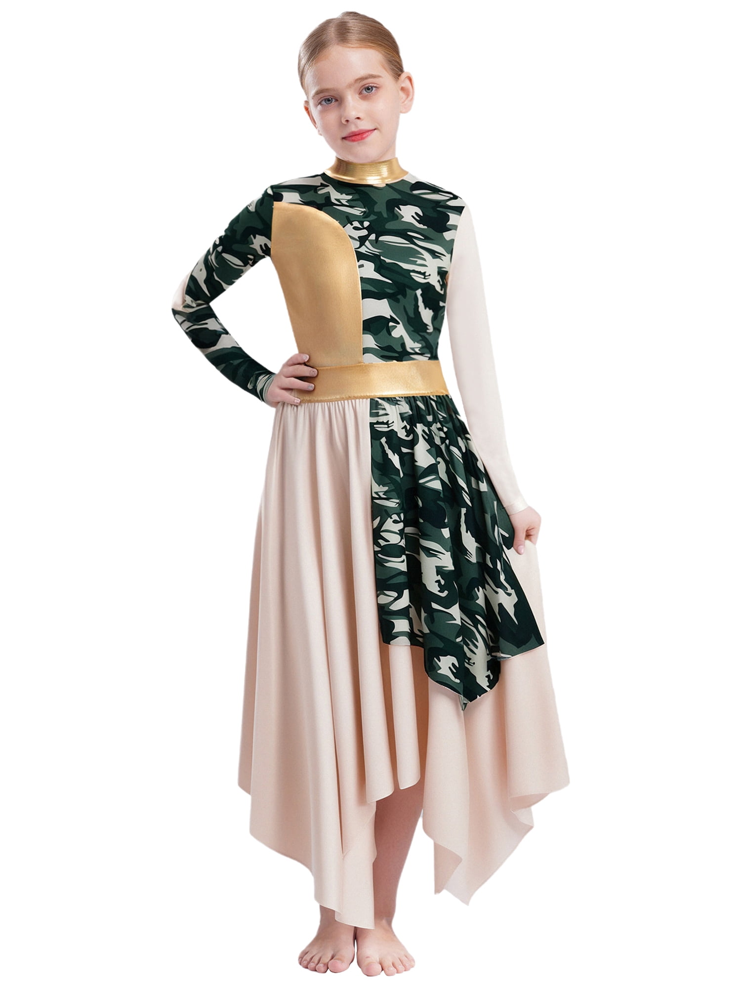 Haitryli Kids Girls Color Block Praise Dance Dress Metallic Long Sleeve ...