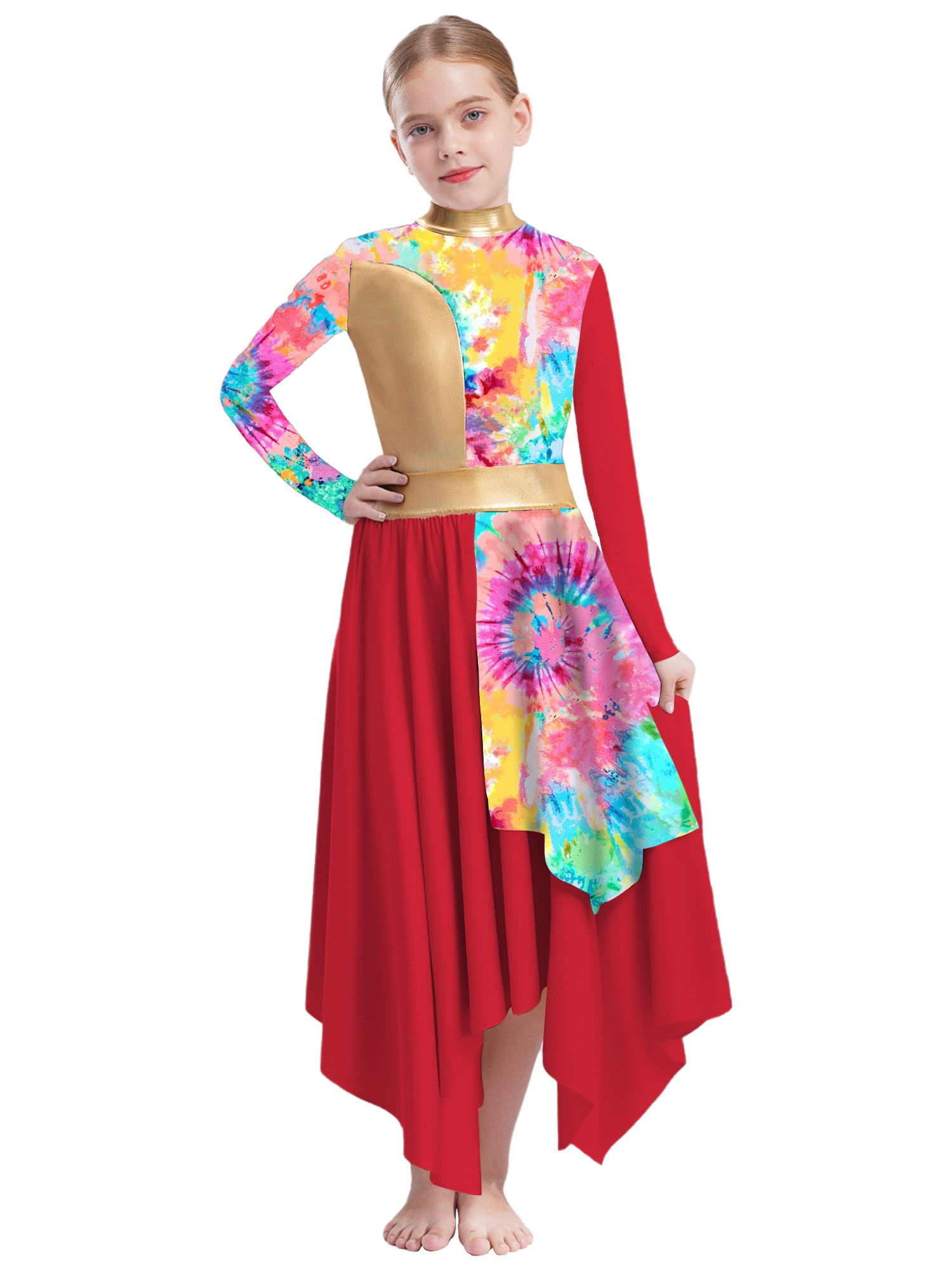 Haitryli Kids Girls Color Block Praise Dance Dress Metallic Long Sleeve ...