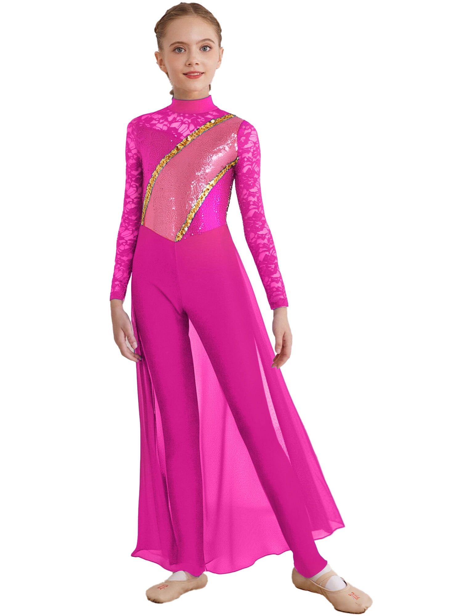 Haitryli Kids Girls Floral Lace Long Sleeve Sequins Figure Skating ...